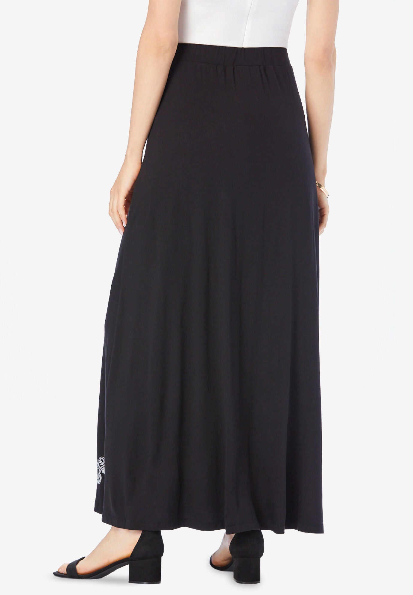 Fashionable Embroidered Maxi Skirt, Black Scroll Embellishment | Roaman's