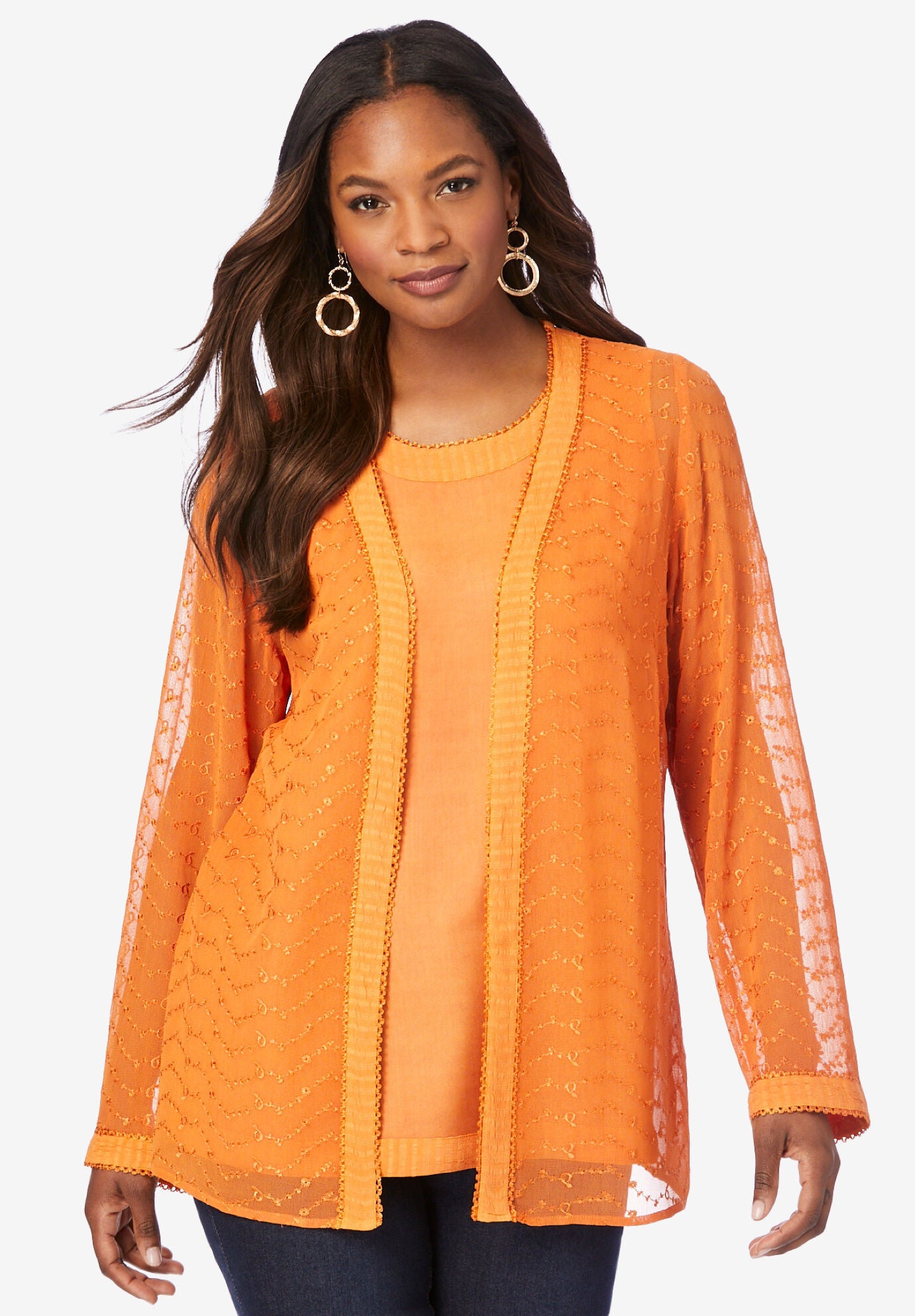 Fashionable Embroidered Cardigan and Tank Set, 4425496 | Roaman's