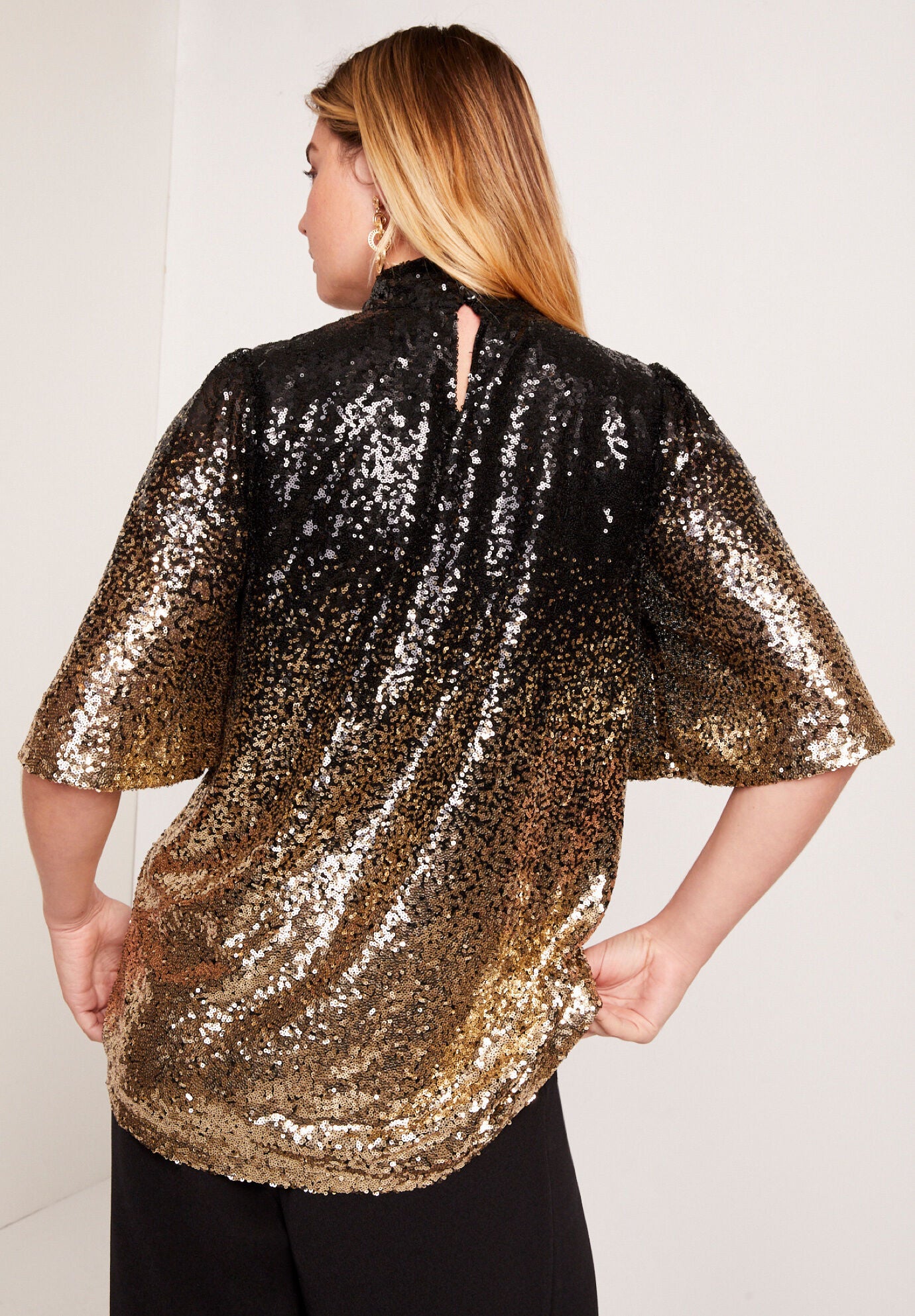 Fashionable Sequin Keyhole Tee, Gold Black Sequin | Roaman's