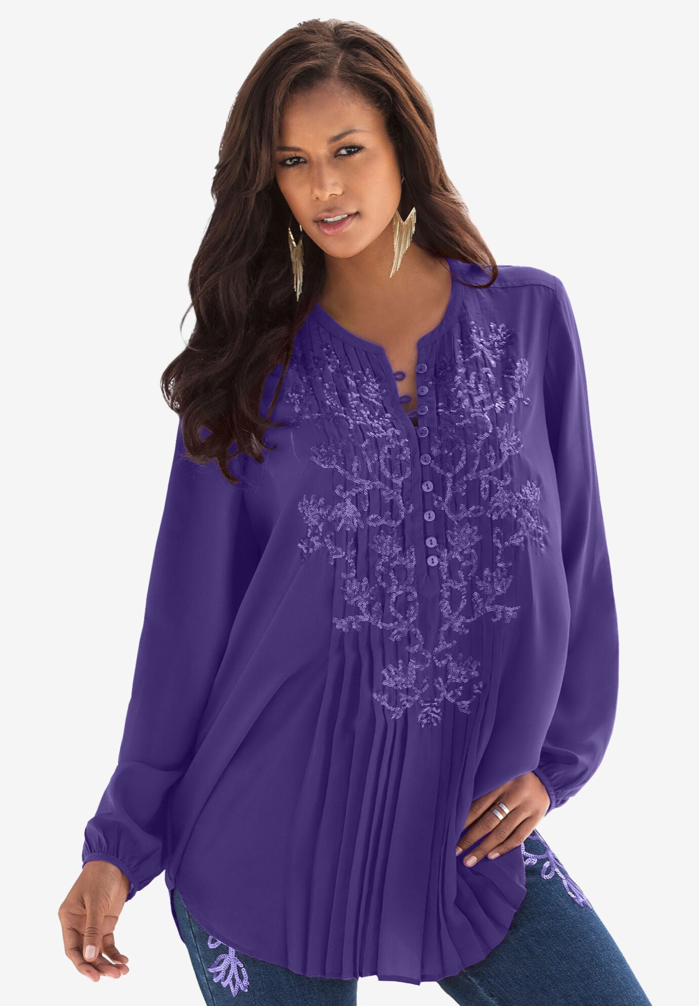 Fashionable Sequin Floral Tunic, Midnight Violet | Roaman's