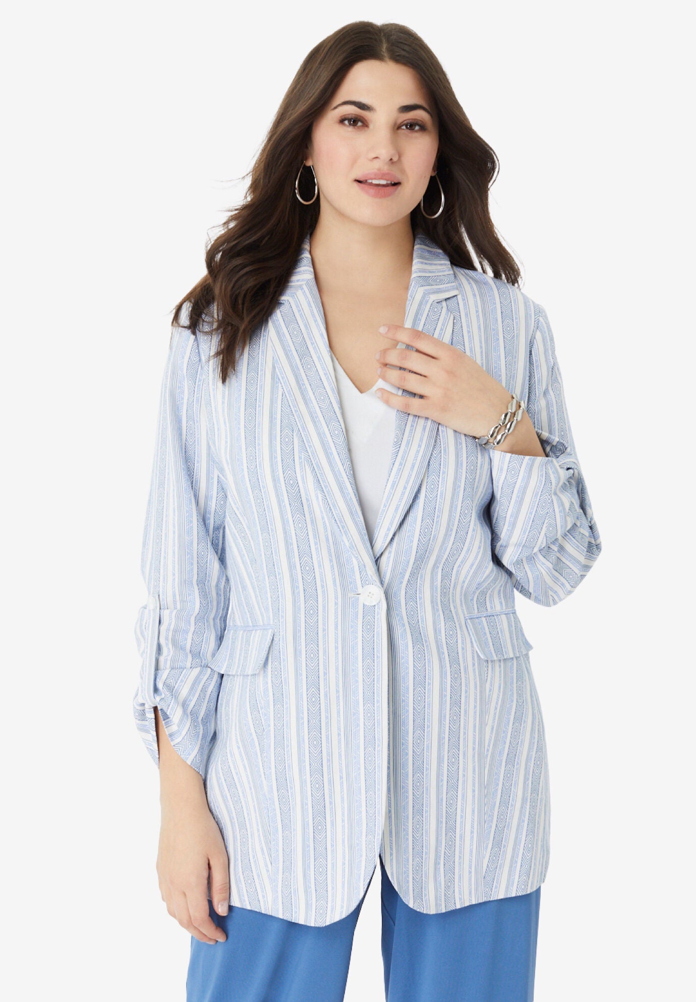 Fashionable Linen Blazer, Dusty Indigo Textured Stripe | Roaman's