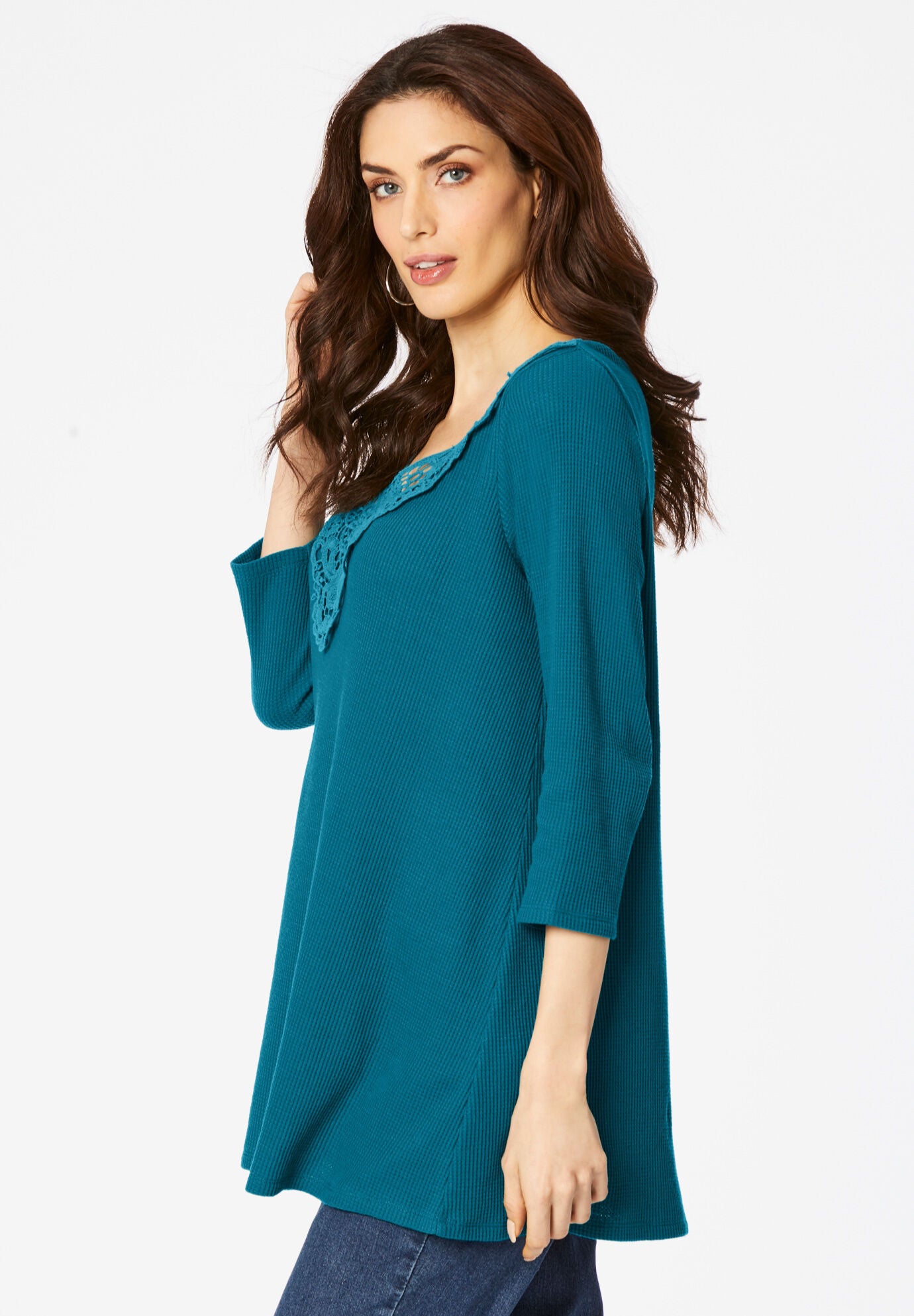 Fashionable Lace Yoke Thermal Tee, 4477337 | Roaman's