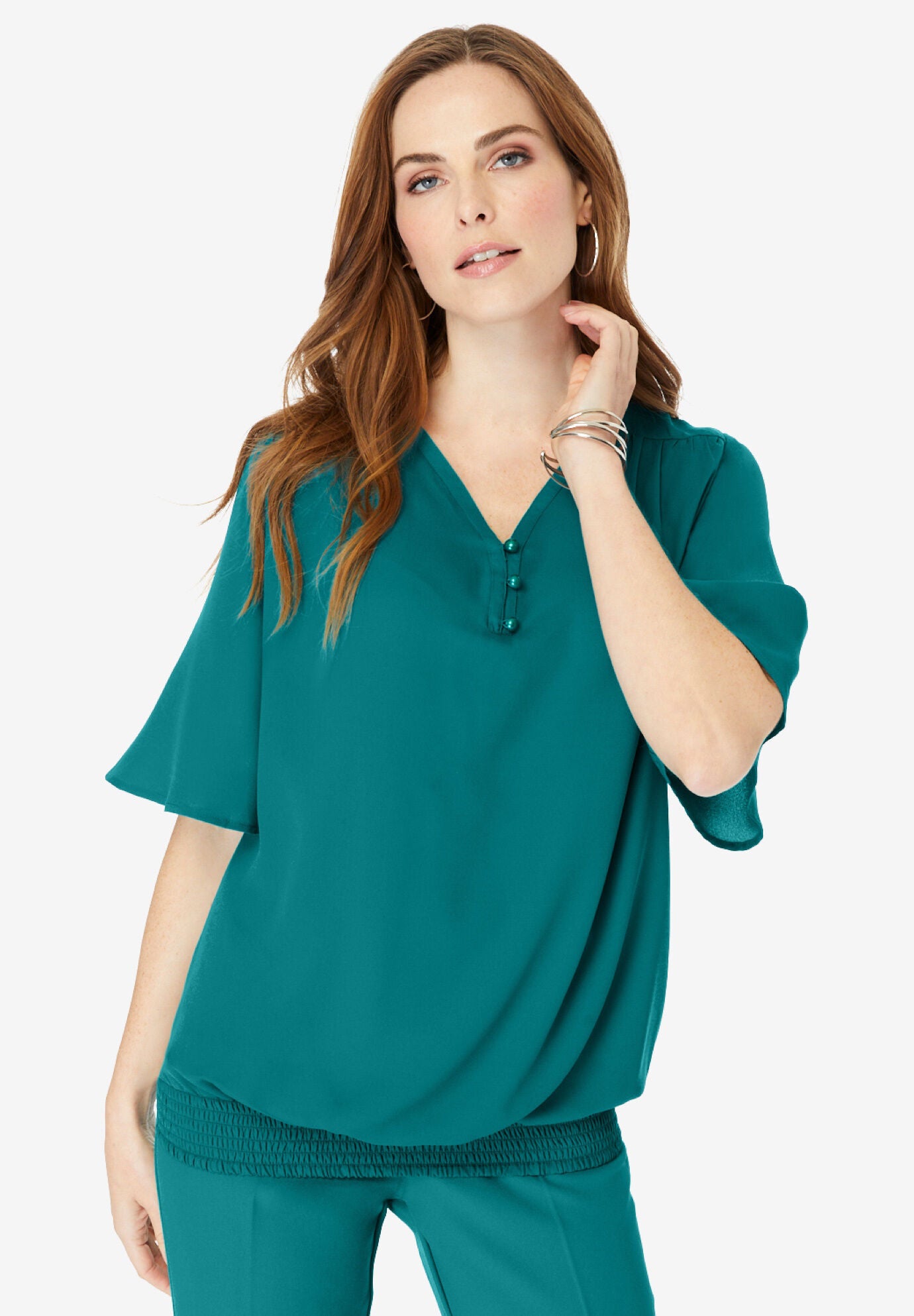 Fashionable Y-Neck Georgette Top, 4491836 | Roaman's