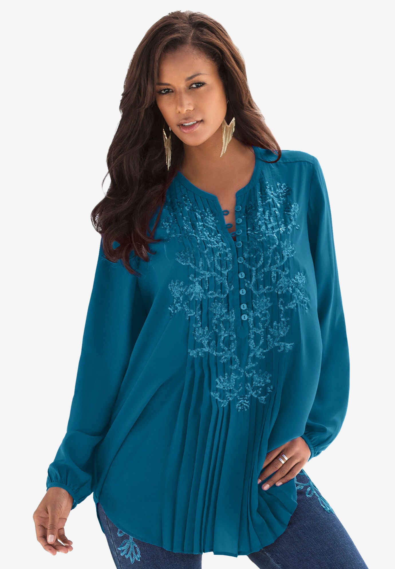 Fashionable Sequin Floral Tunic, Exotic Peacock | Roaman's