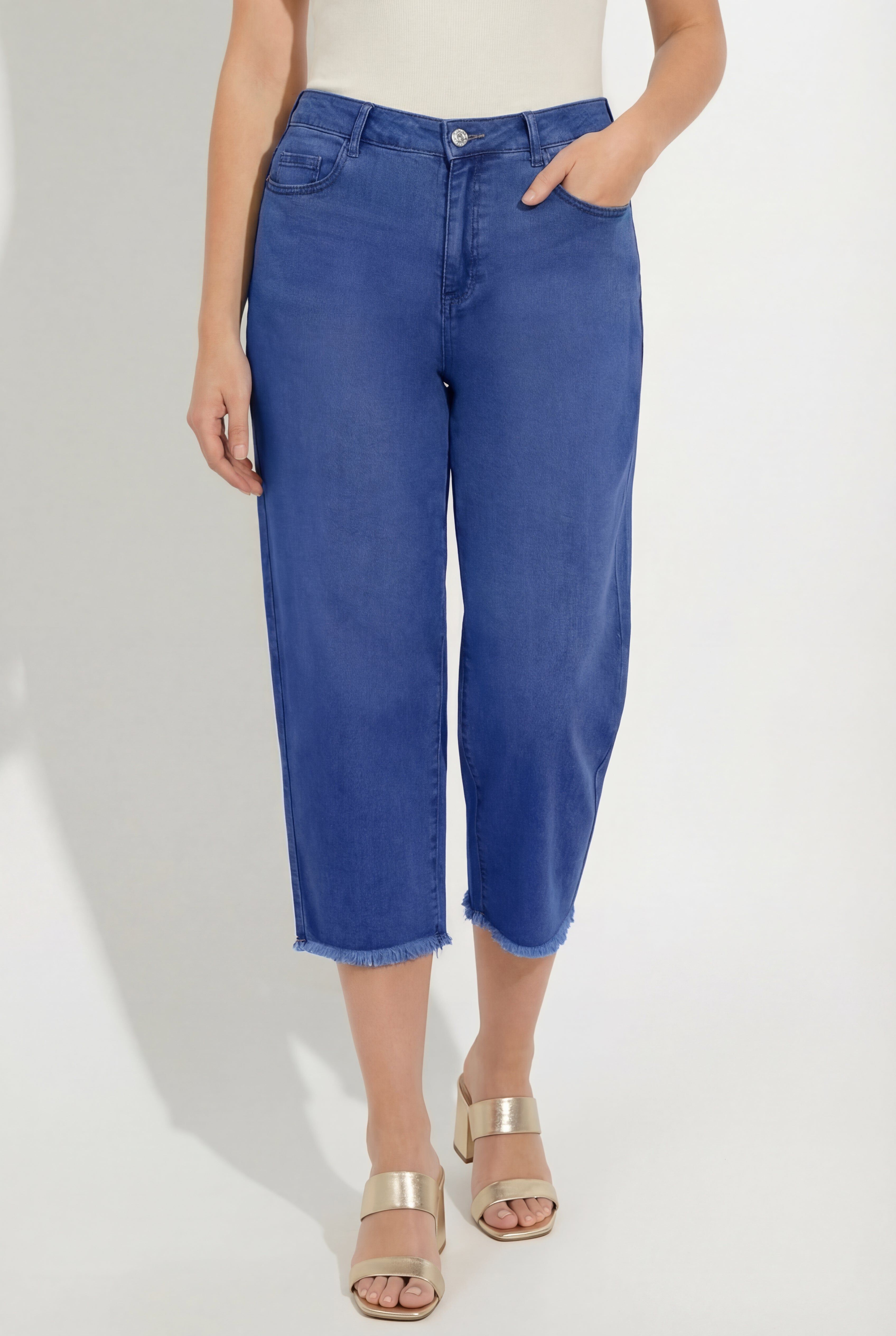 Plus Size Straight-Leg Frayed Hem Cropped Capri Jean | Roaman's