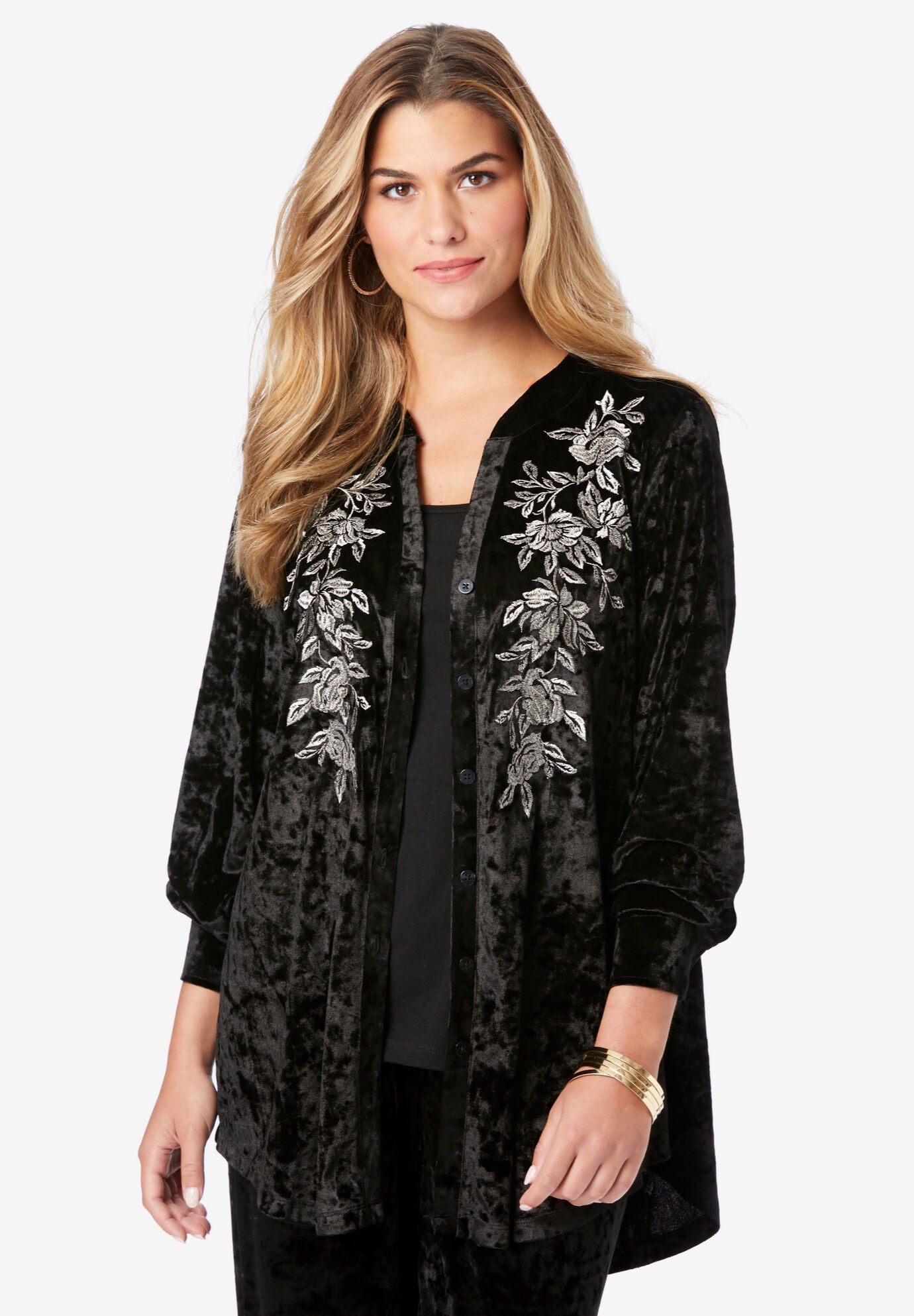 Fashionable Embroidered Velour Button-Down Top, 4434496 | Roaman's