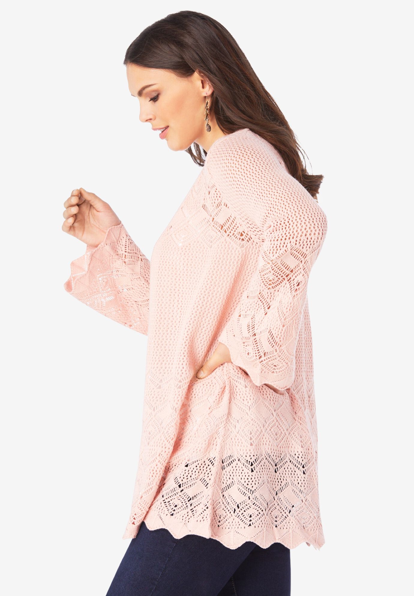 Fashionable Bell-Sleeve Pointelle Cardigan, White | Roaman's