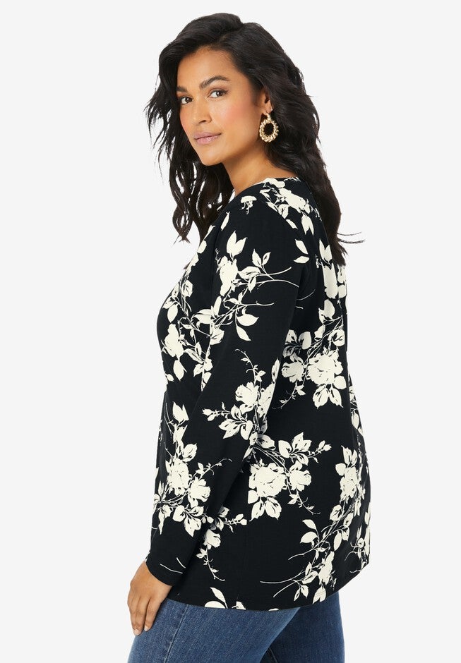 Fashionable Long Sleeve V Neck Ultimate Tee Black Ivory Floral Roamans