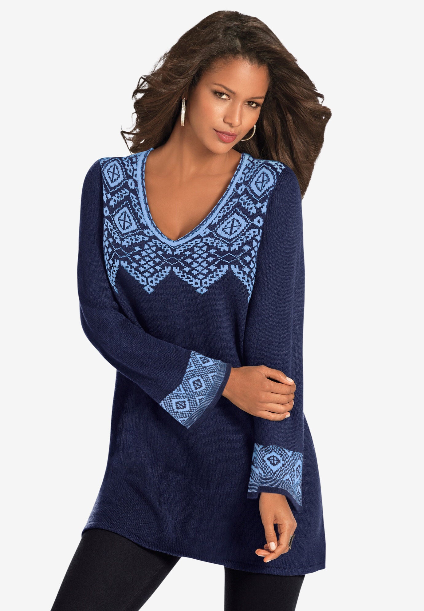 Fashionable Fit-And-Flare Tunic Sweater, Navy French Blue Fair Isle ...