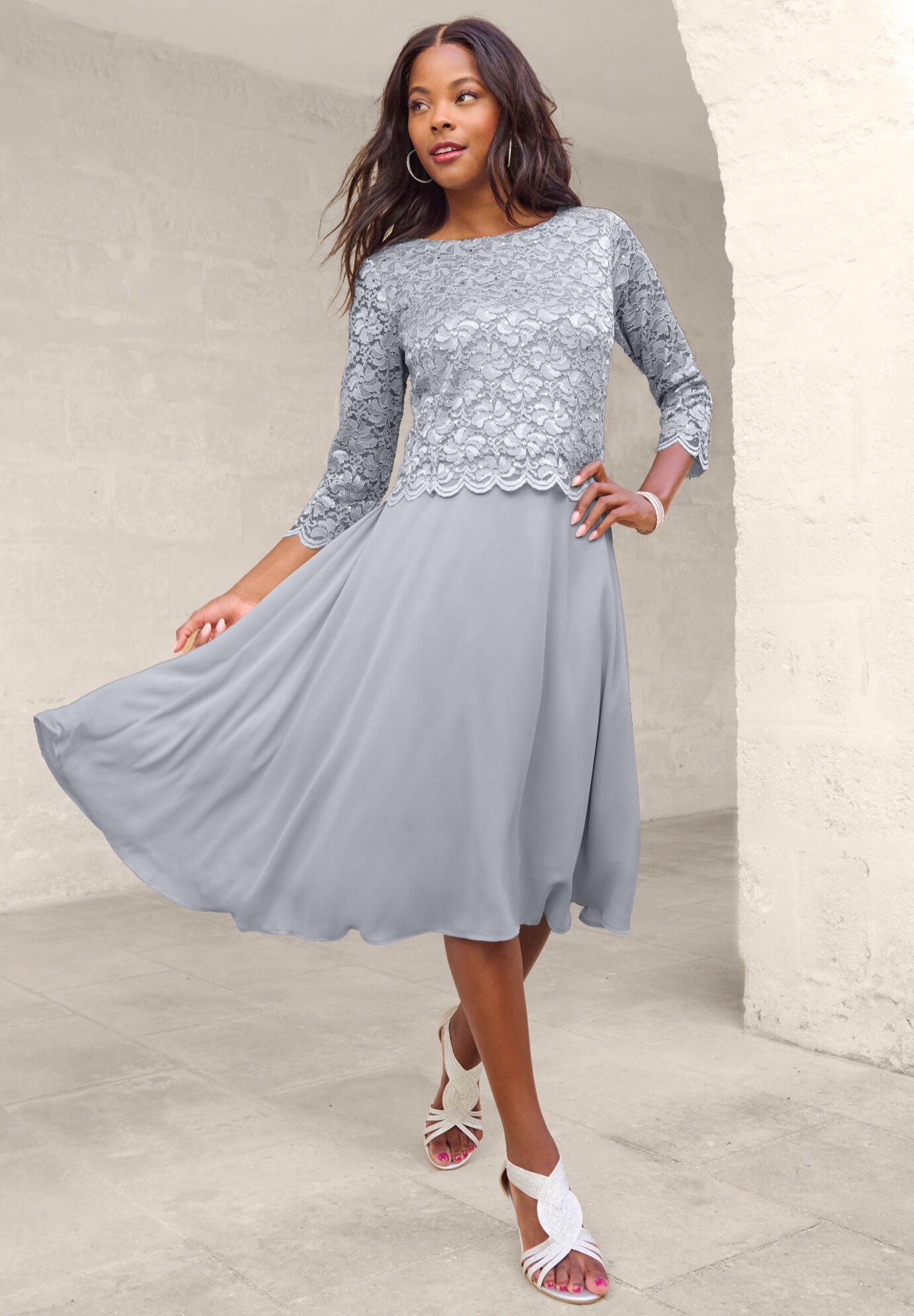 Fashionable Embellished Lace & Chiffon Dress, Deep Lagoon | Roaman's