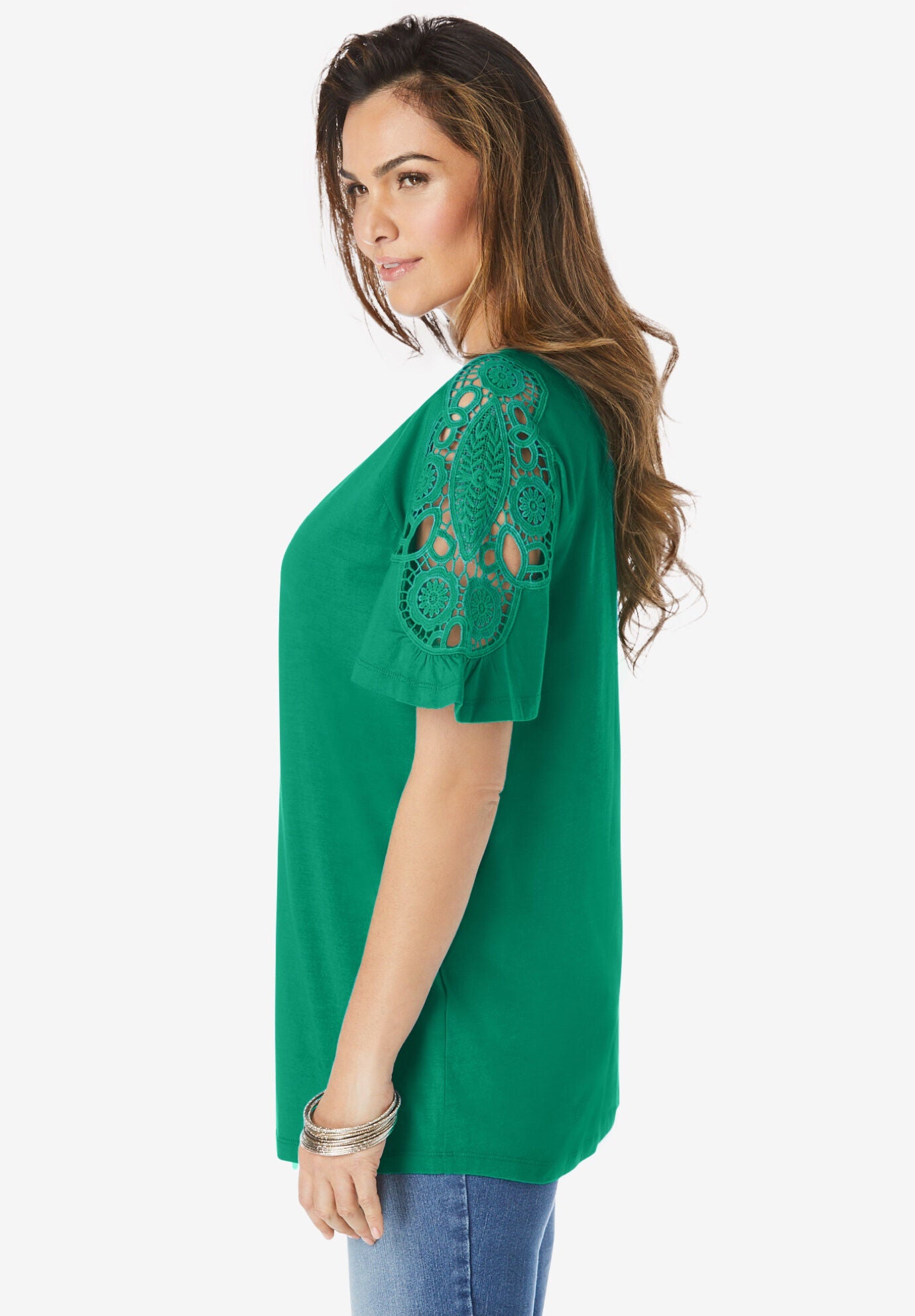 Fashionable Lace-Sleeve Tee, Midnight Vine | Roaman's