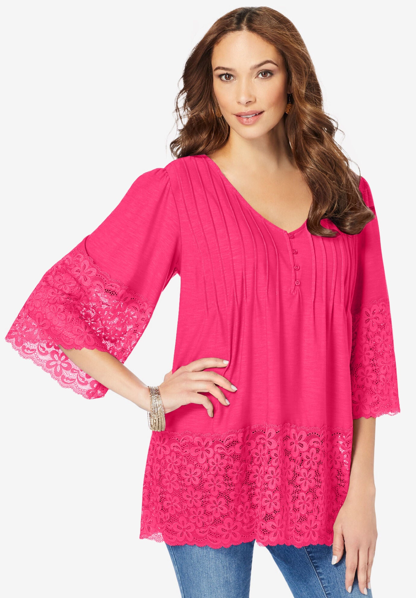 Fashionable Lace-Hem Pintuck Tunic, Pink Burst | Roaman's