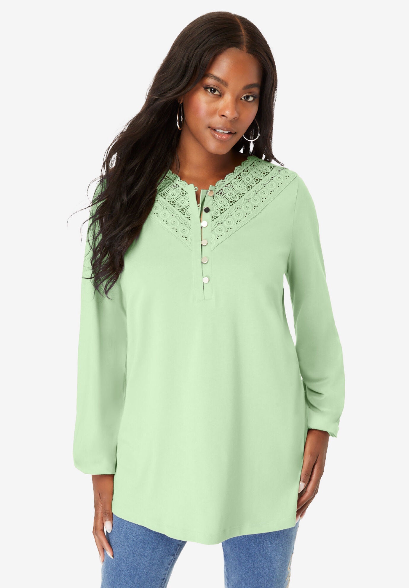 Fashionable Lace Henley Top, Green Mint | Roaman's