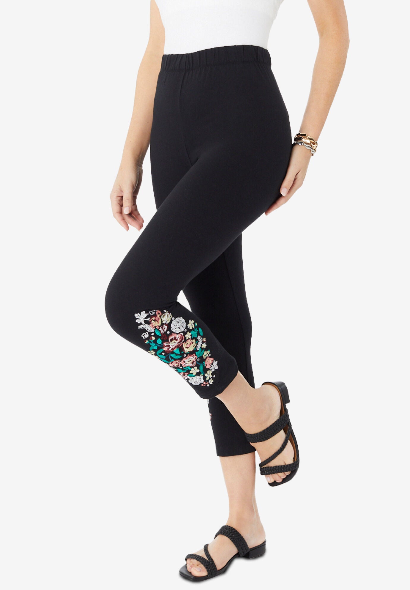 Fashionable Embroidered Capri Leggings, Black Rose Embroidery | Roaman's