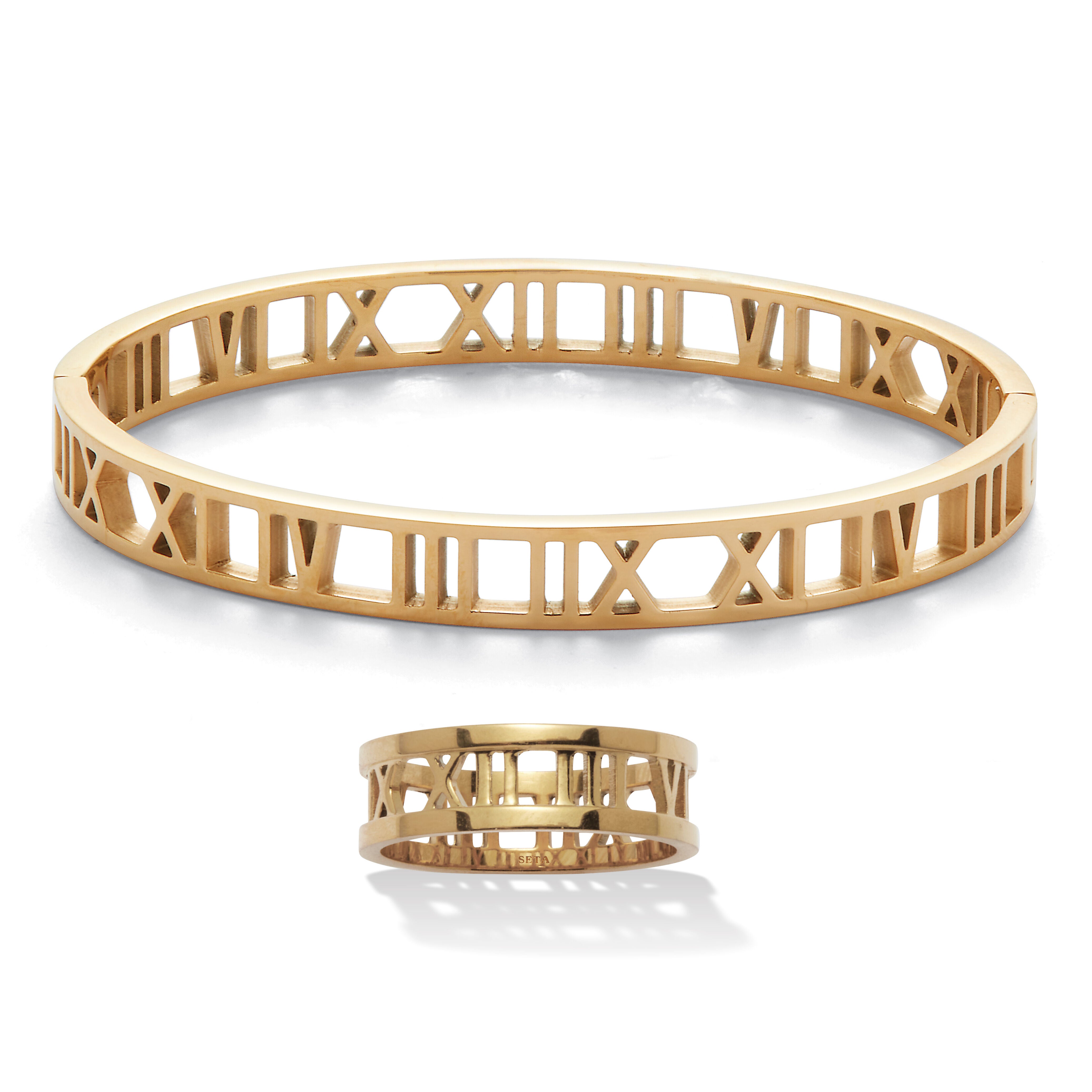 Roman Numeral Gold Ion-Plated Stainless Steel Bracelet and Ring Set ...