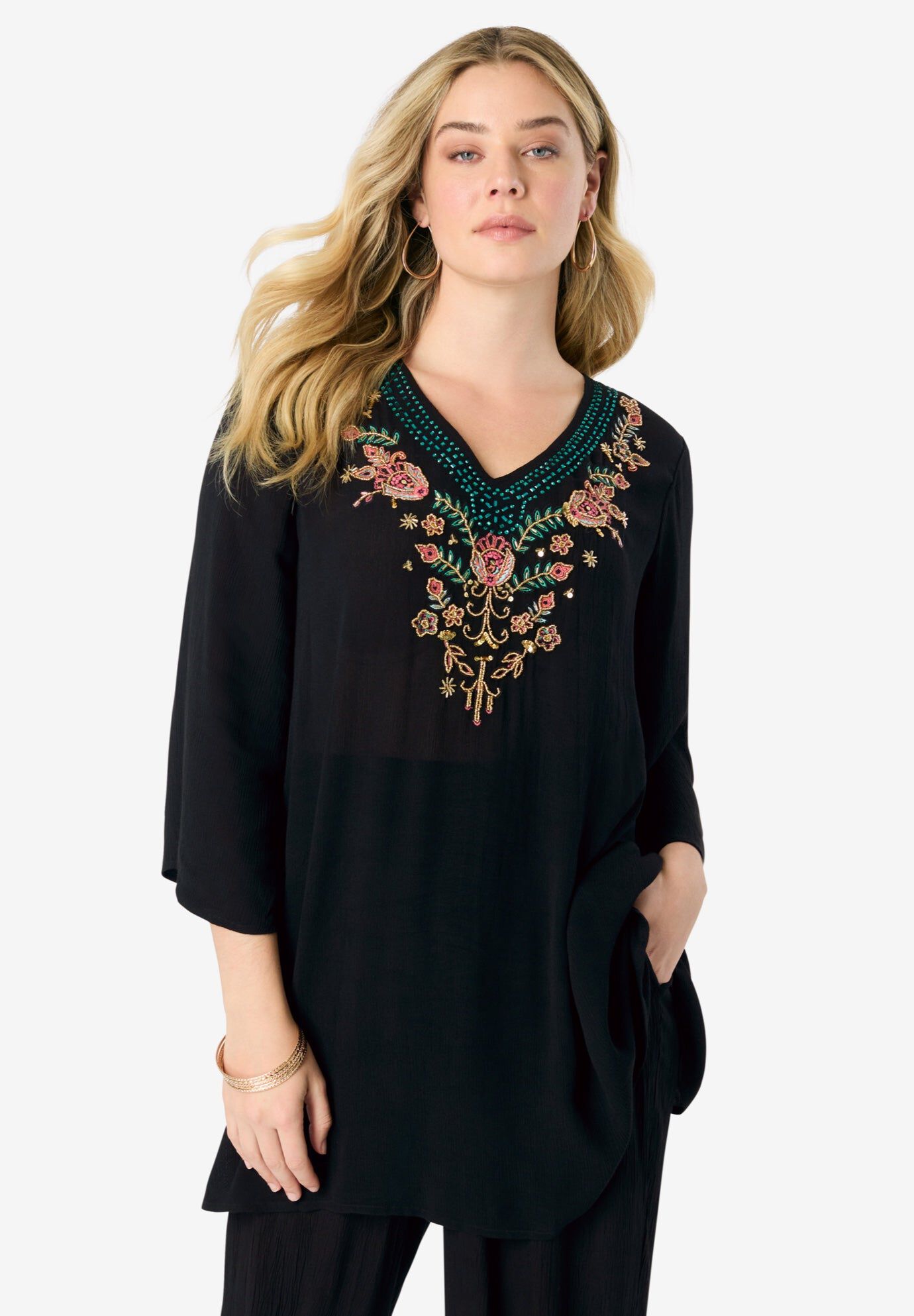 Fashionable Embellished Crinkle Tunic, Black Flower Embellishment ...