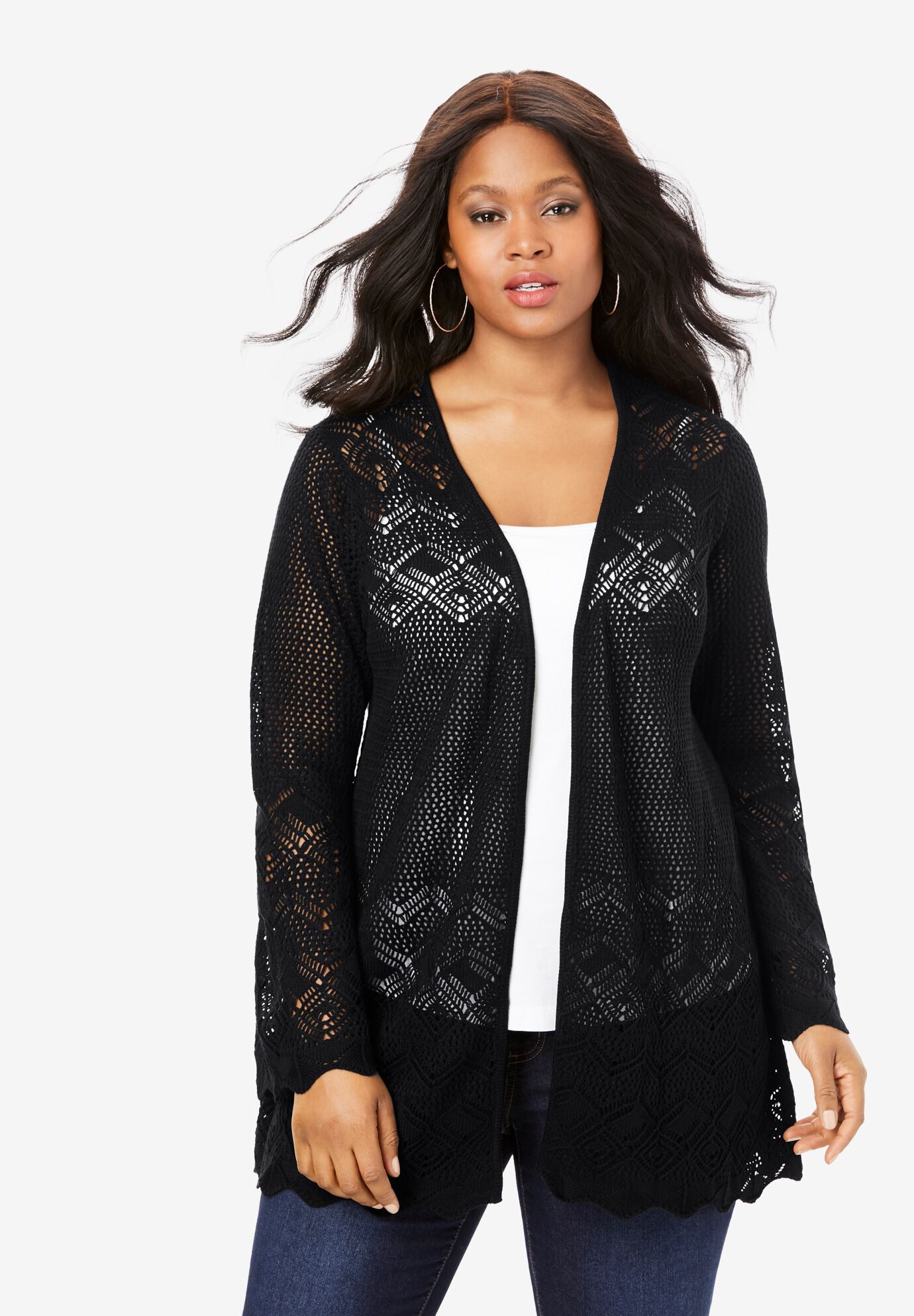 Fashionable Bell-Sleeve Pointelle Cardigan, Black | Roaman's