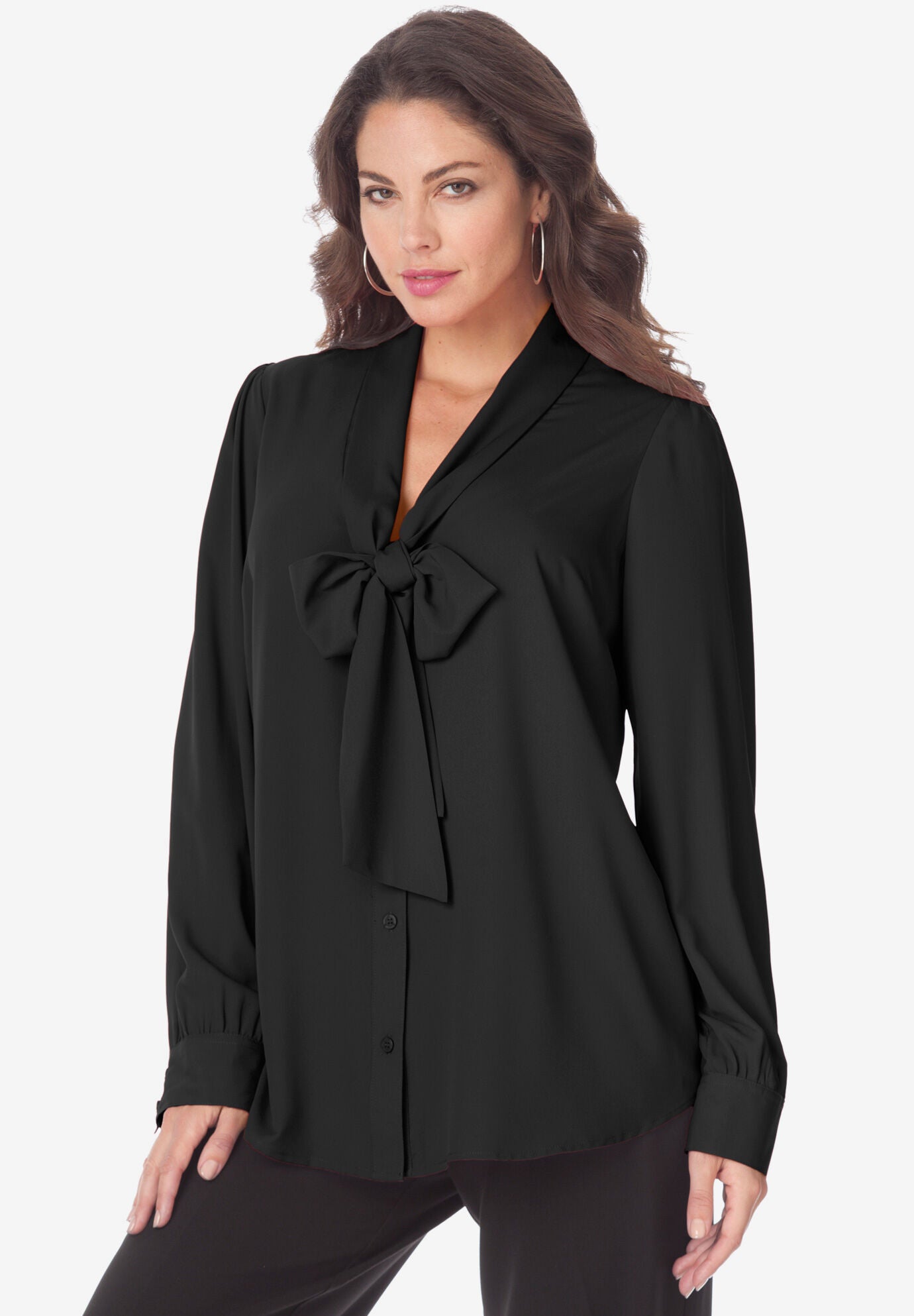 Fashionable Long Sleeve Bow Blouse, Black | Roaman's