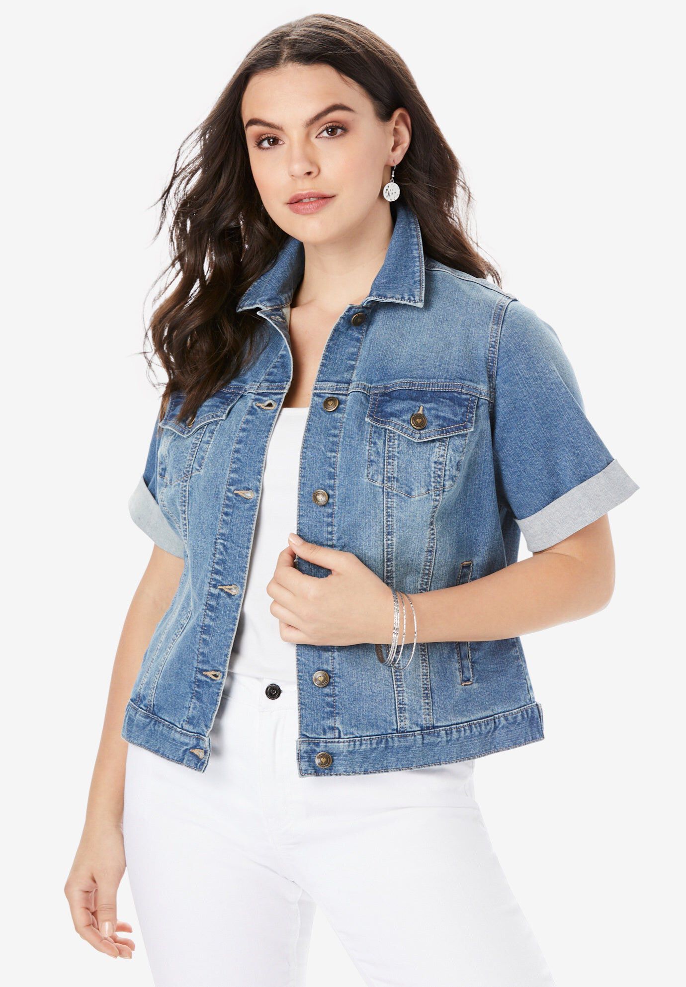Fashionable Short-Sleeve Stretch Denim Jacket, White | Roaman's