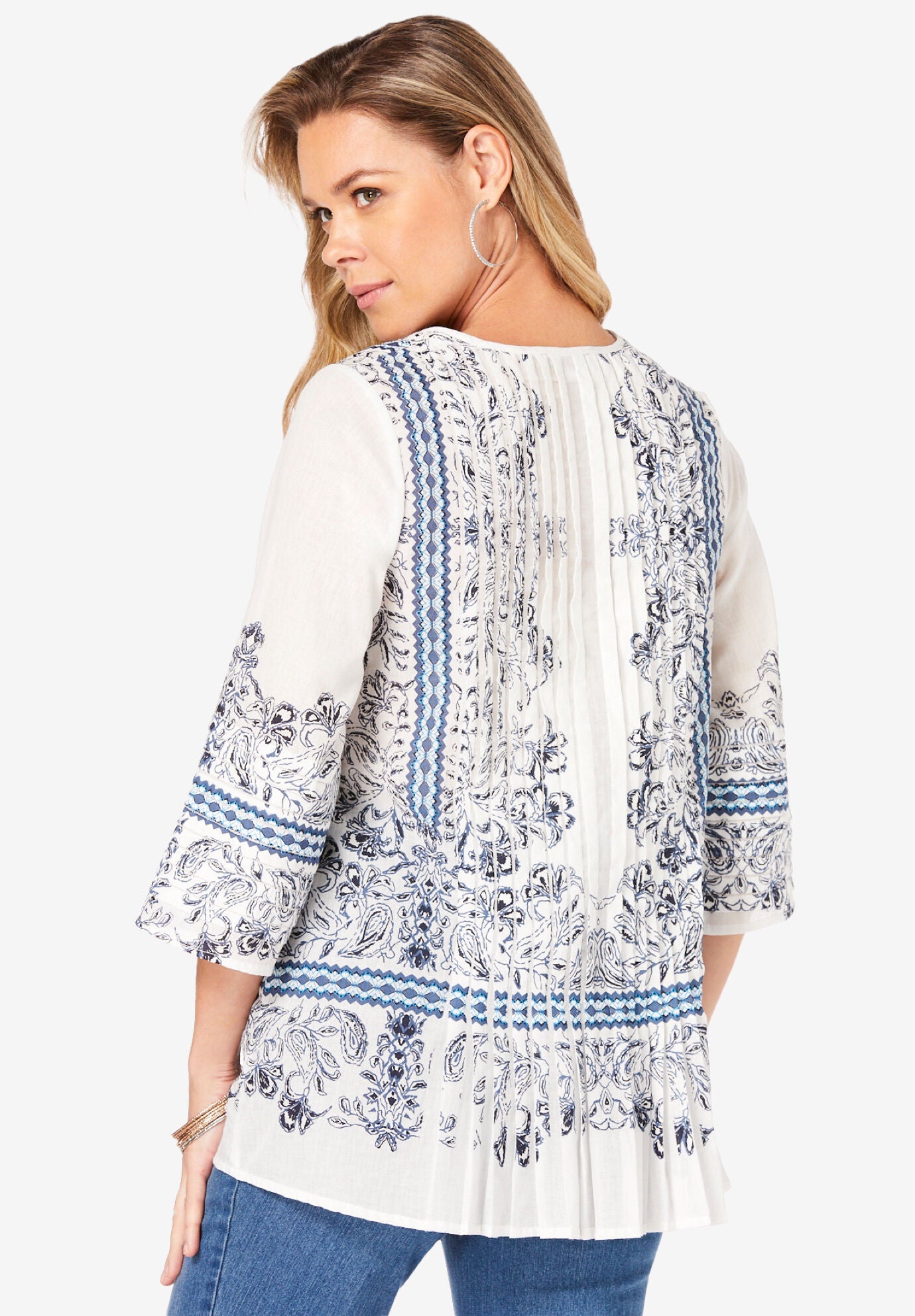 Fashionable Monique Printed Big Shirt, White Mirrored Paisley | Roaman's
