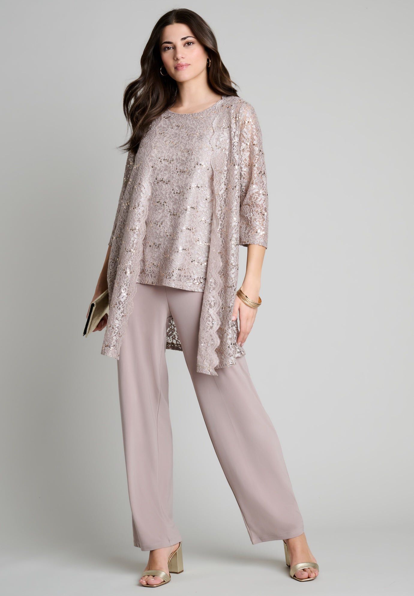 Plus-Size 3 Piece 3/4 Sleeve Foil Lace Duster Pant Set | Roaman's