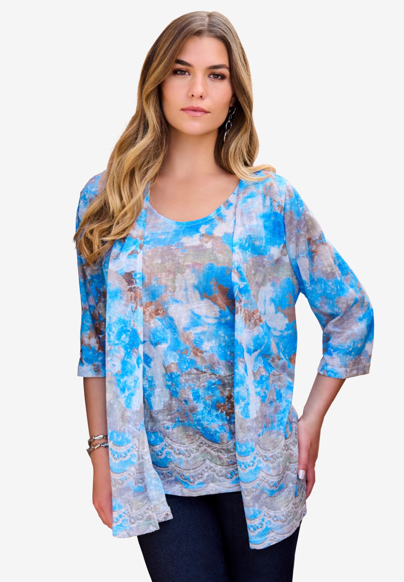 Fashionable Printed 2-Piece Tank and Cardigan Set, Deep Teal Floral ...