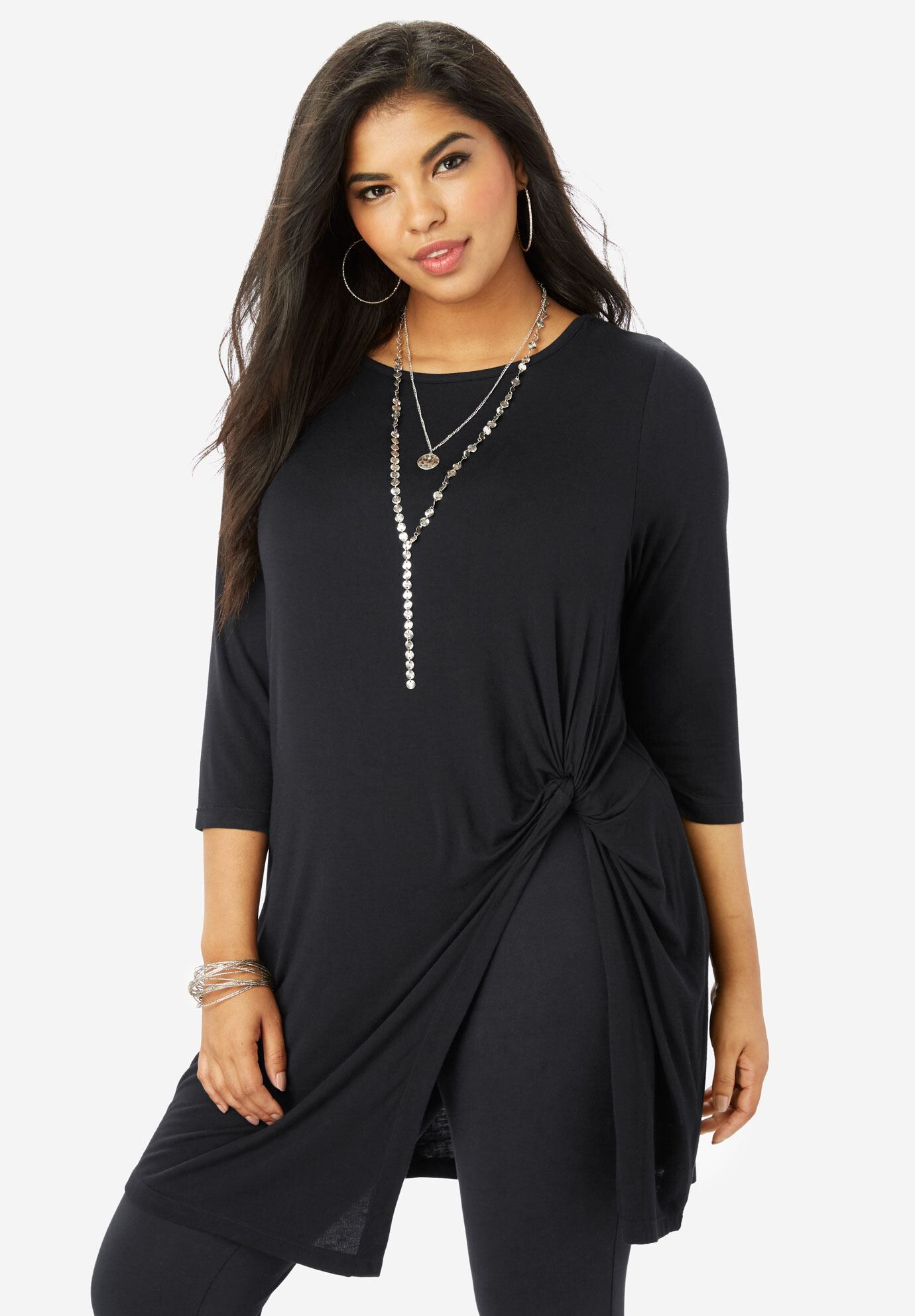 Fashionable Side-Knot Drape Super Tunic with Asymmetric Detail | Roaman's
