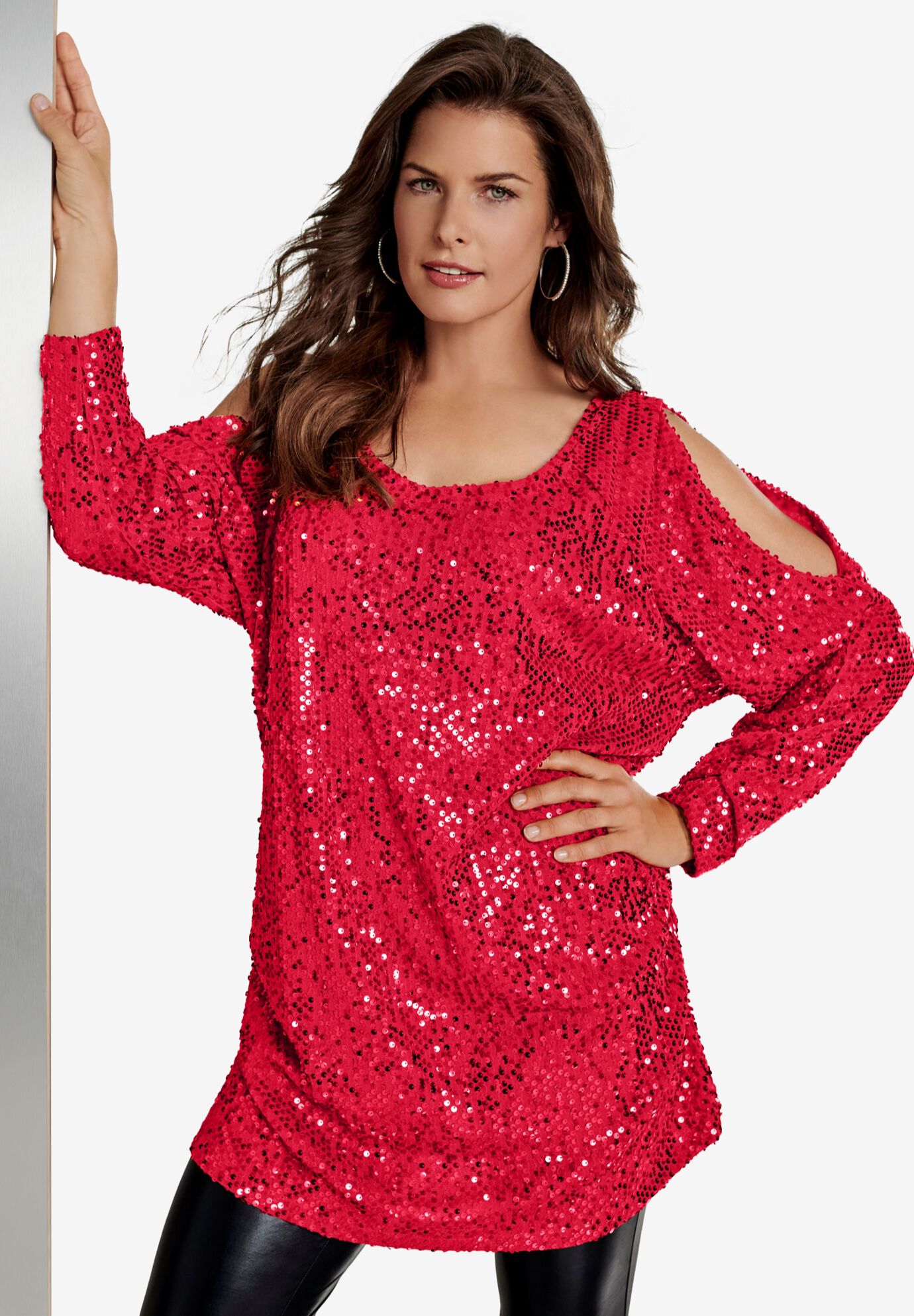Fashionable Cold-Shoulder Sequin Tunic, Vivid Red | Roaman's