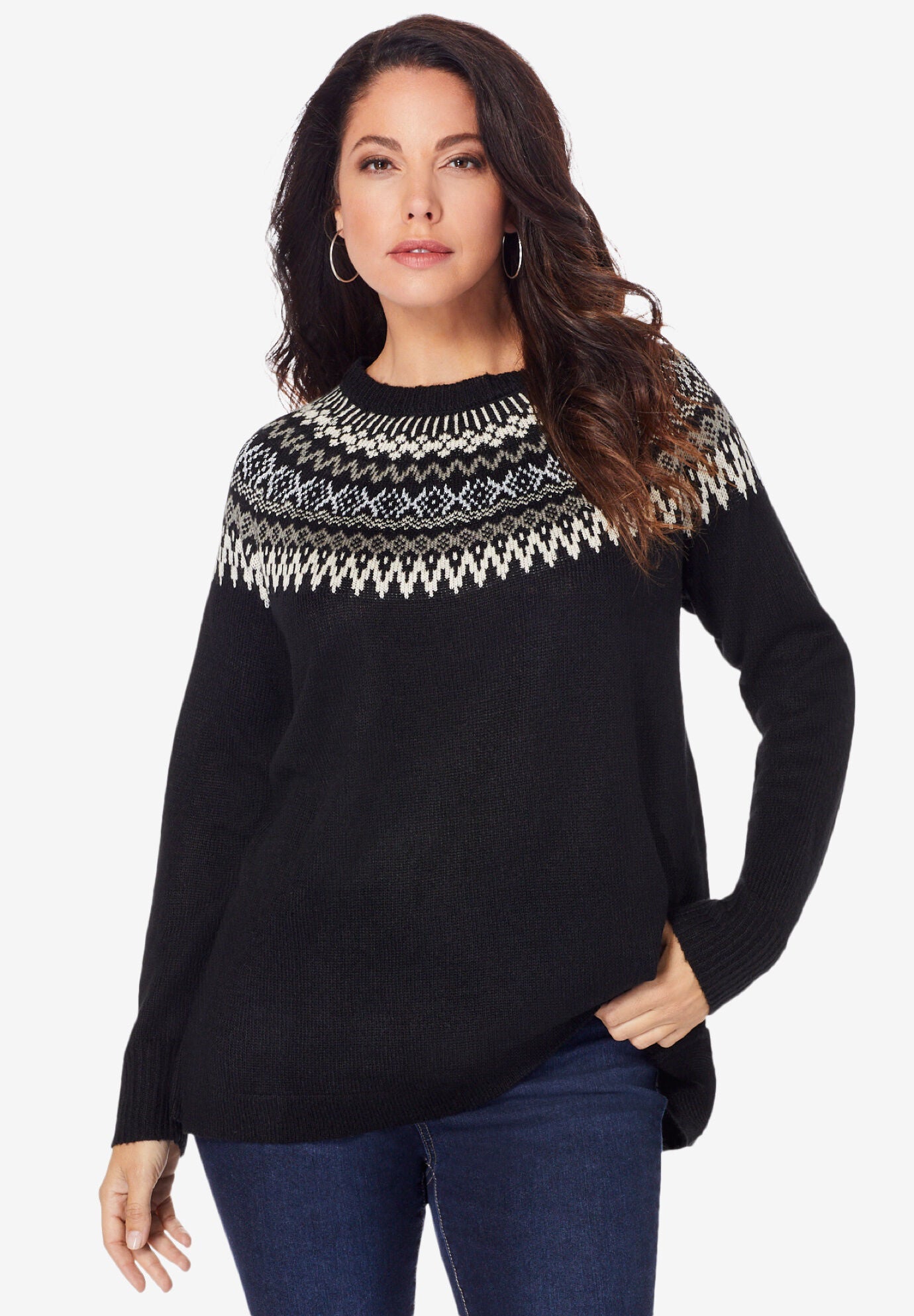 Fashionable Fair Isle Pullover Sweater, Black Classic Fair Isle | Roaman's