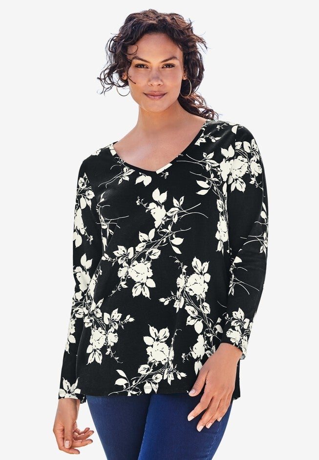 Fashionable Long Sleeve V Neck Ultimate Tee Black Ivory Floral Roamans