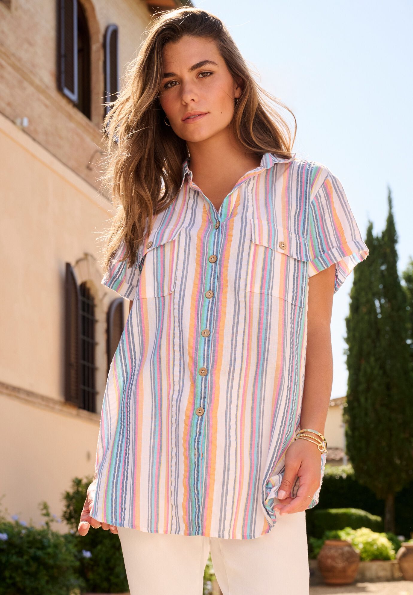 Fashionable Seersucker Big Shirt, Soft Jade | Roaman's