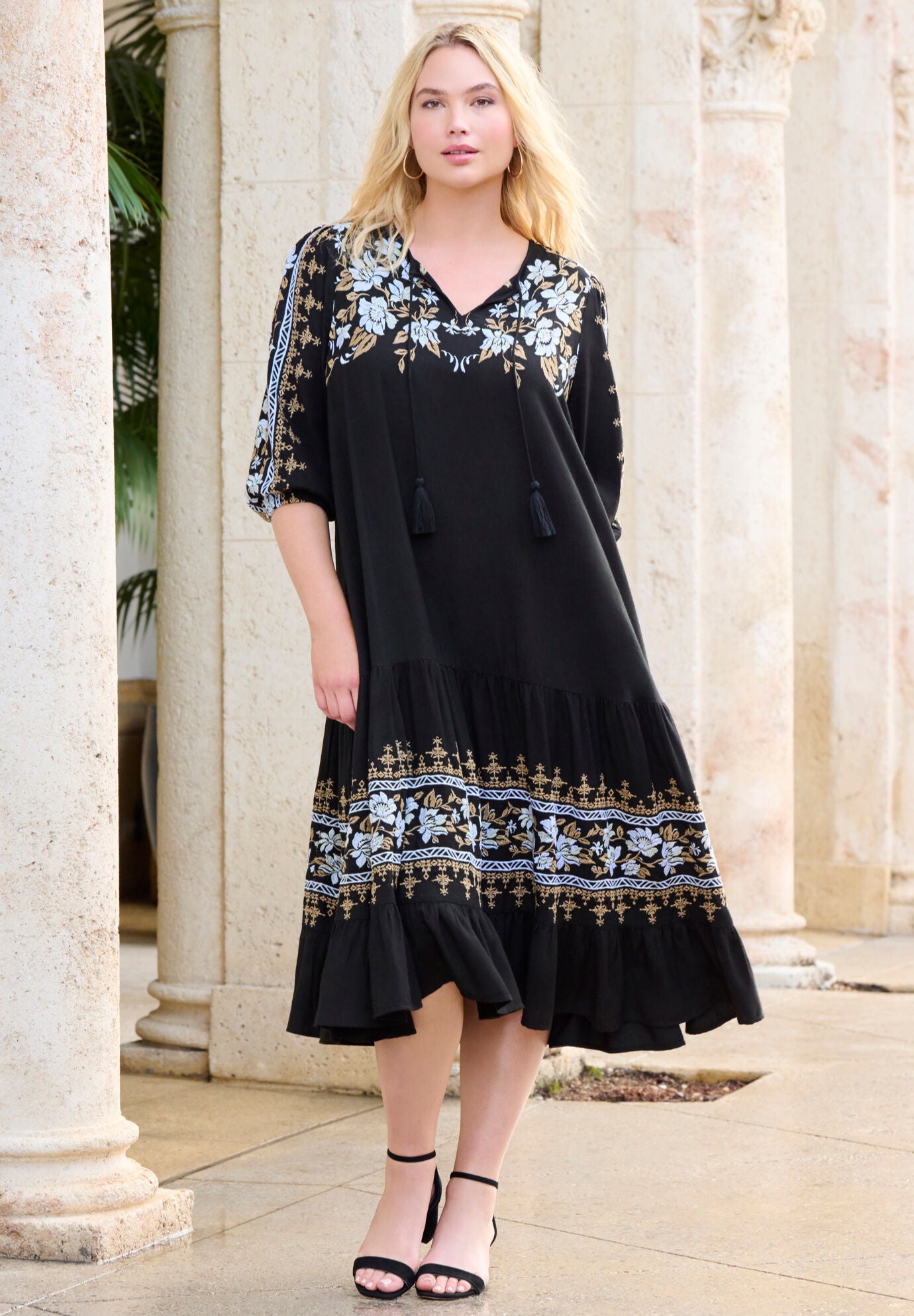 Fashionable Tiered Embroidered Dress, Black Porcelain Flowers | Roaman's