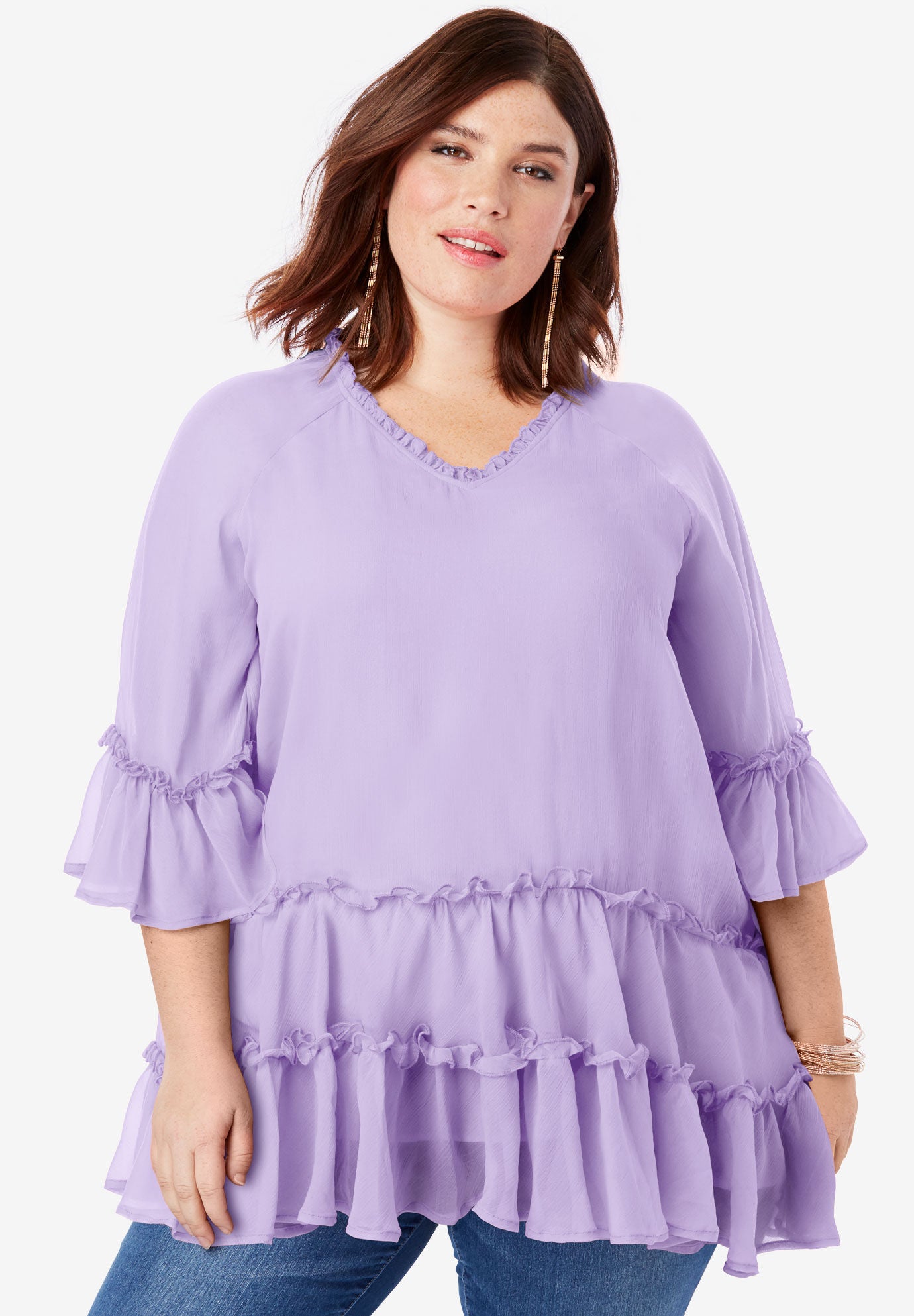 Fashionable Tiered Ruffle Tunic with Bell Sleeves, White | Roaman's