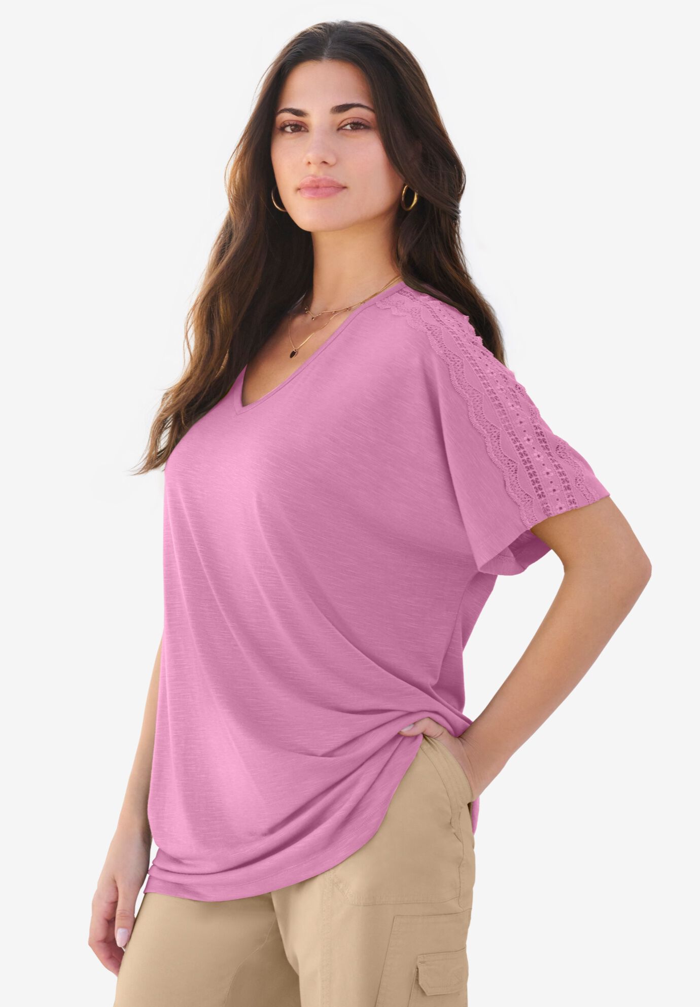 Lace Trimmed Textured Tee | Roaman's