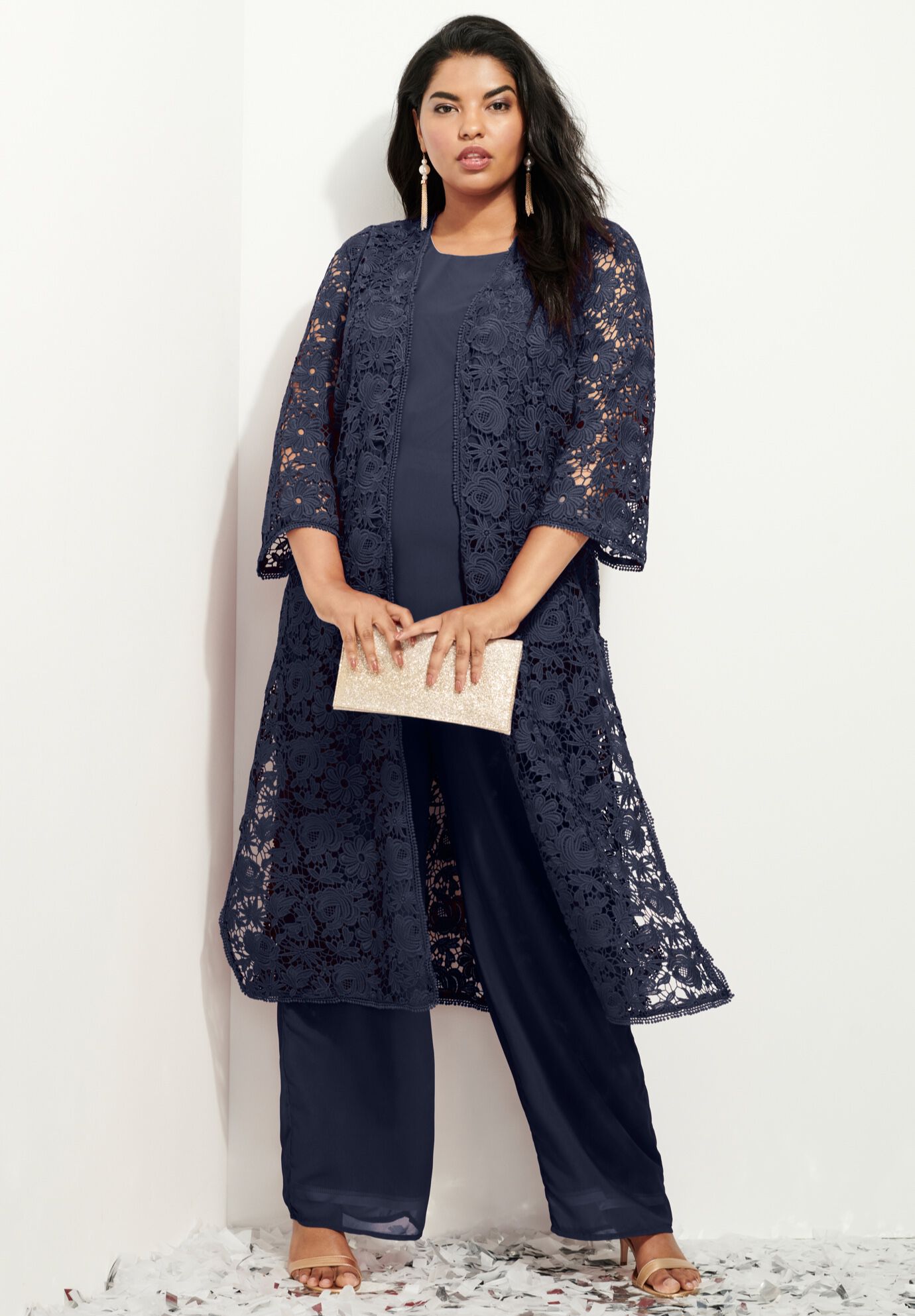 Fashionable Three-Piece Lace Duster & Pant Suit, Navy | Roaman's