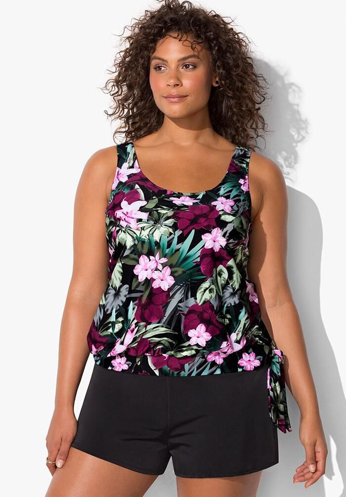 Side Tie Blouson Tankini Set with Short | Roaman's