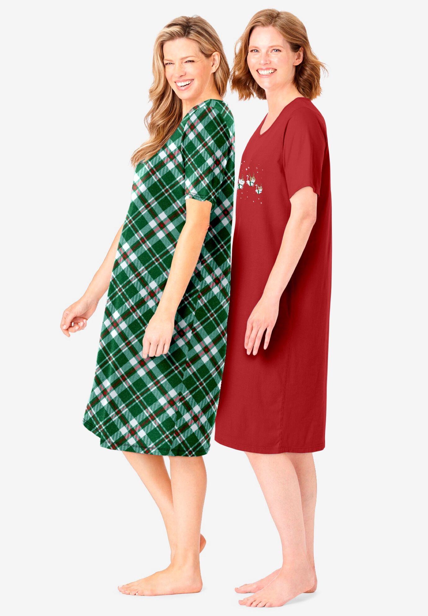 Fashionable 2-Pack Short-Sleeve Sleepshirt, Classic Red Reindeer Cat ...