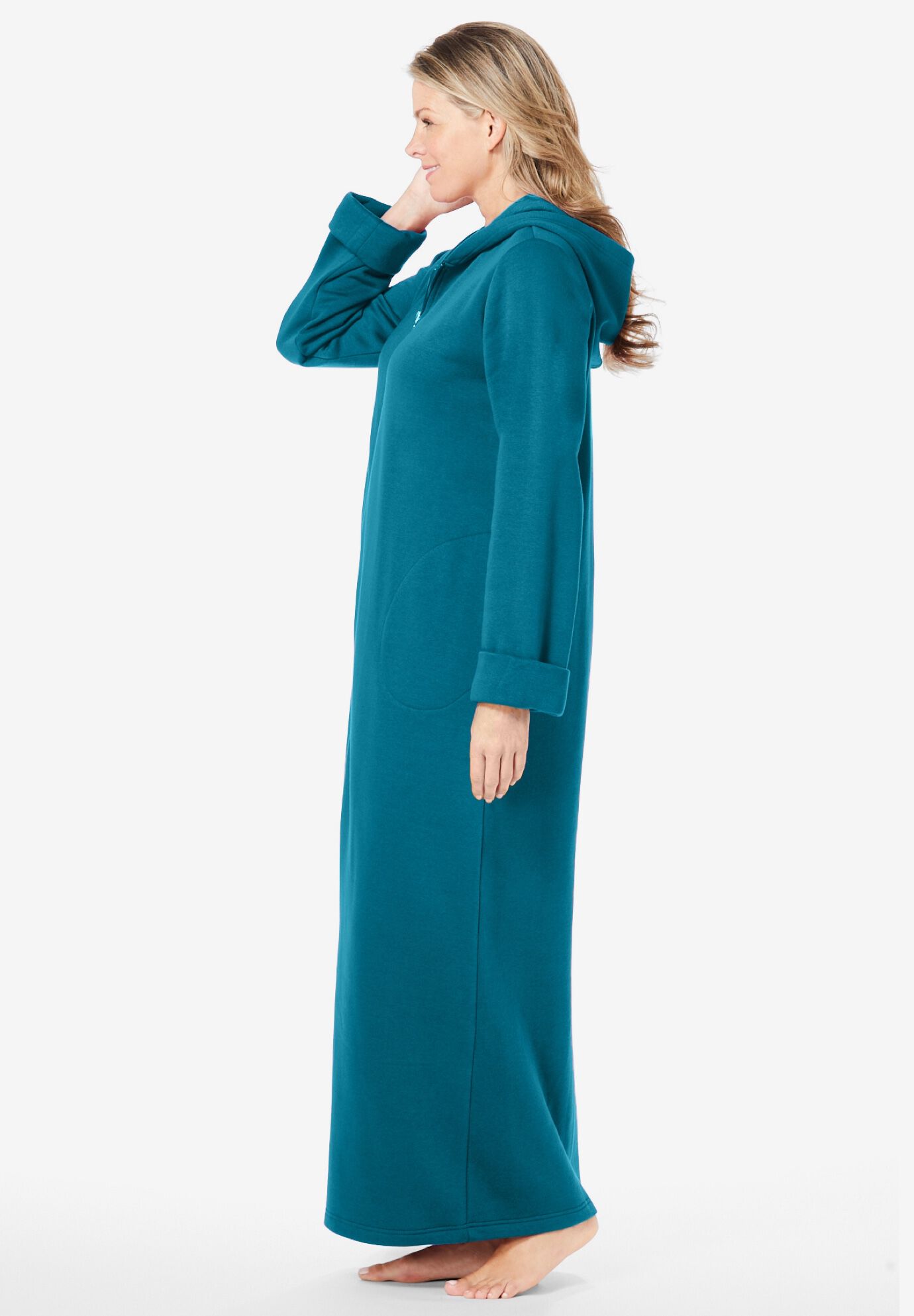 Fashionable Long Hooded Fleece Sweatshirt Robe, Deep Teal | Roaman's