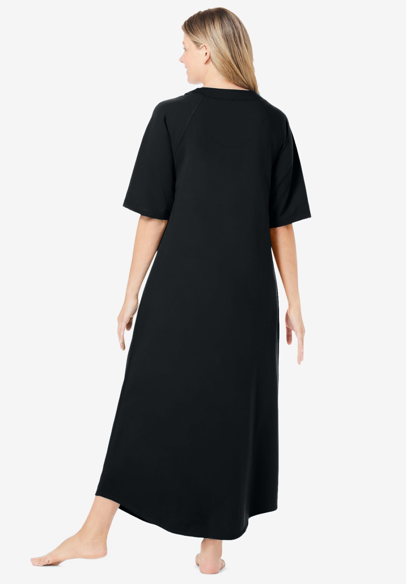 Fashionable Long French Terry Zip-Front Robe, Black | Roaman's