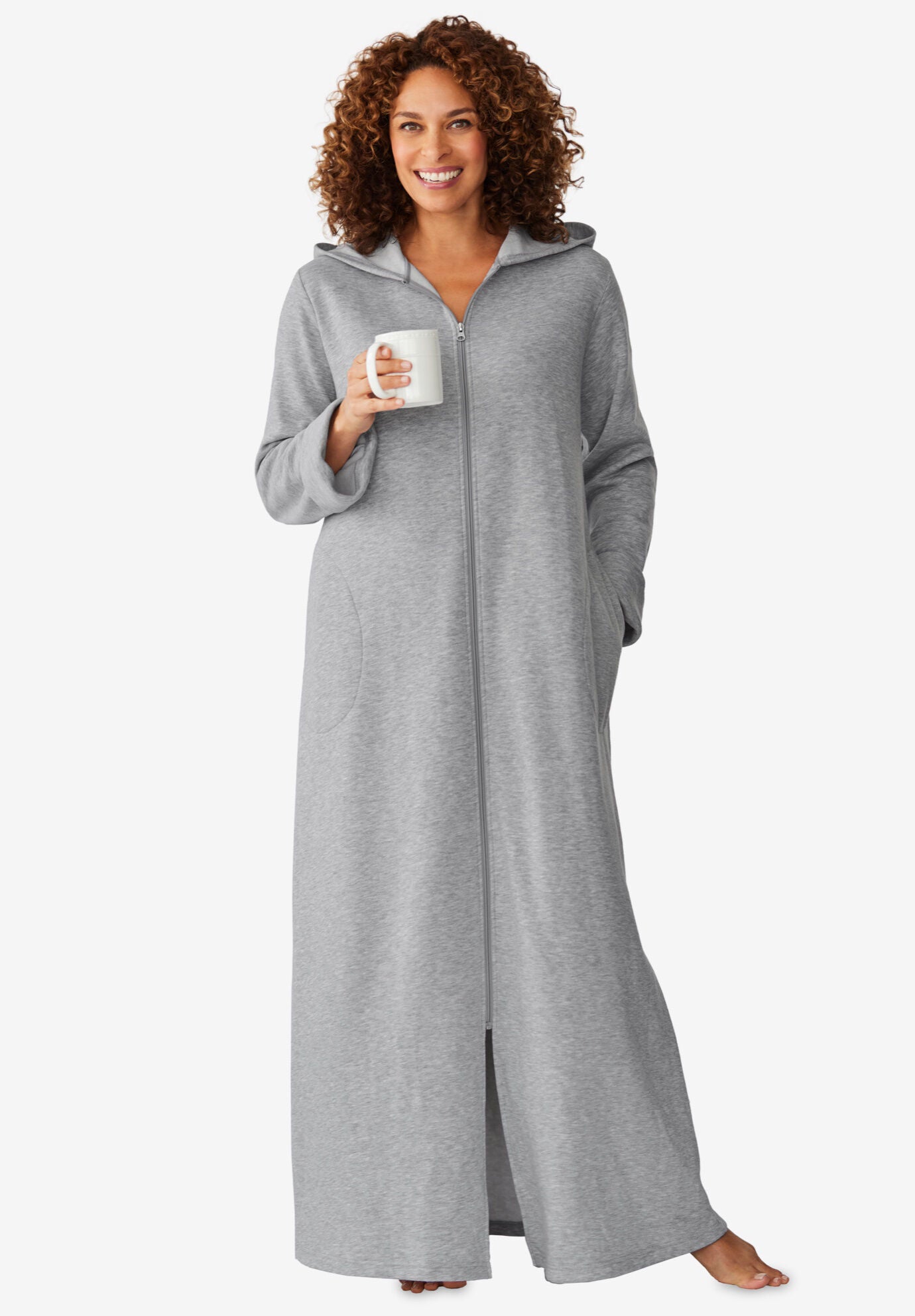 Fashionable Long Hooded Fleece Sweatshirt Robe, Heather Grey | Roaman's
