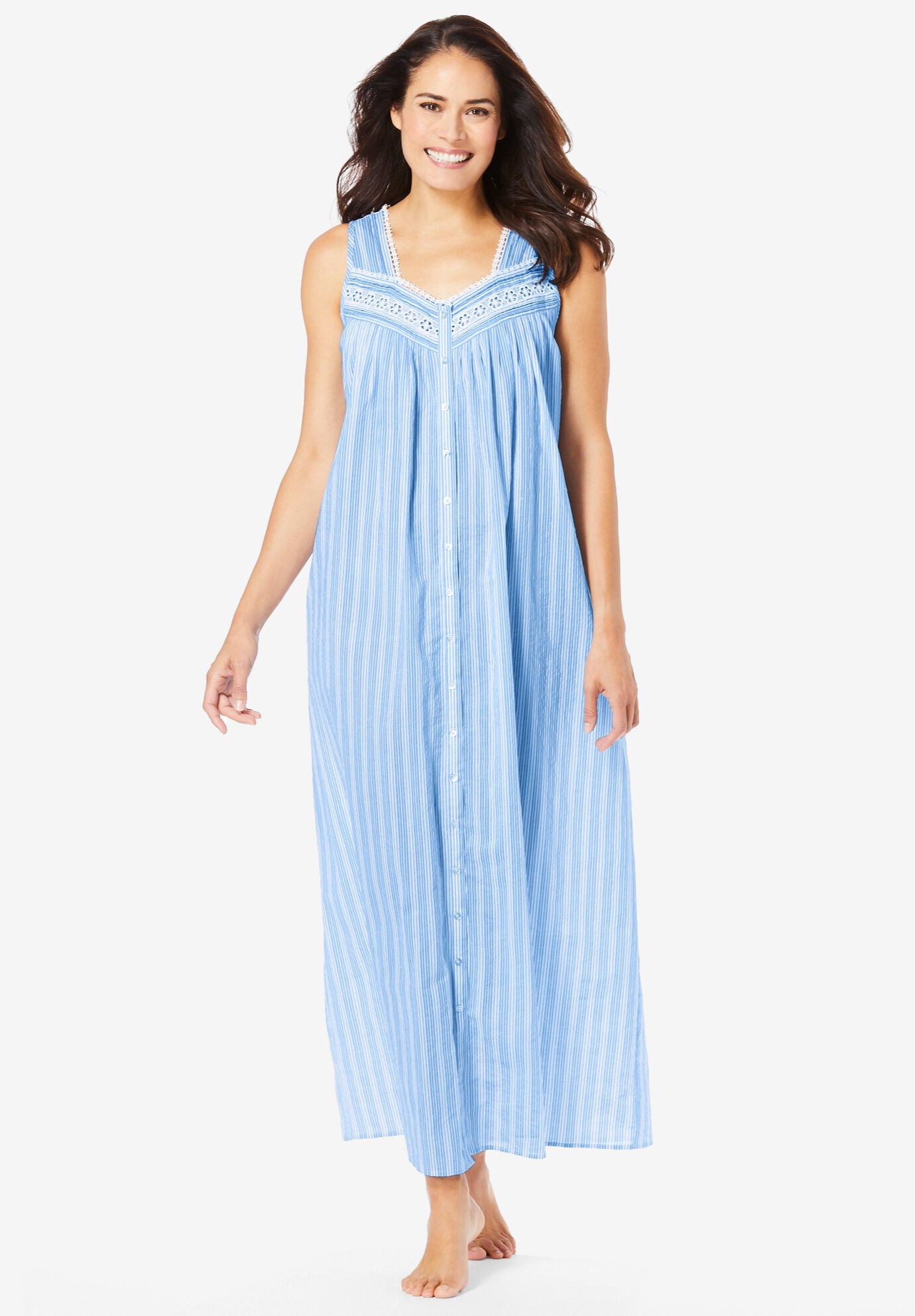 Stylish Long Sleeveless Floral Nightgown, French Blue Stripe | Roaman's