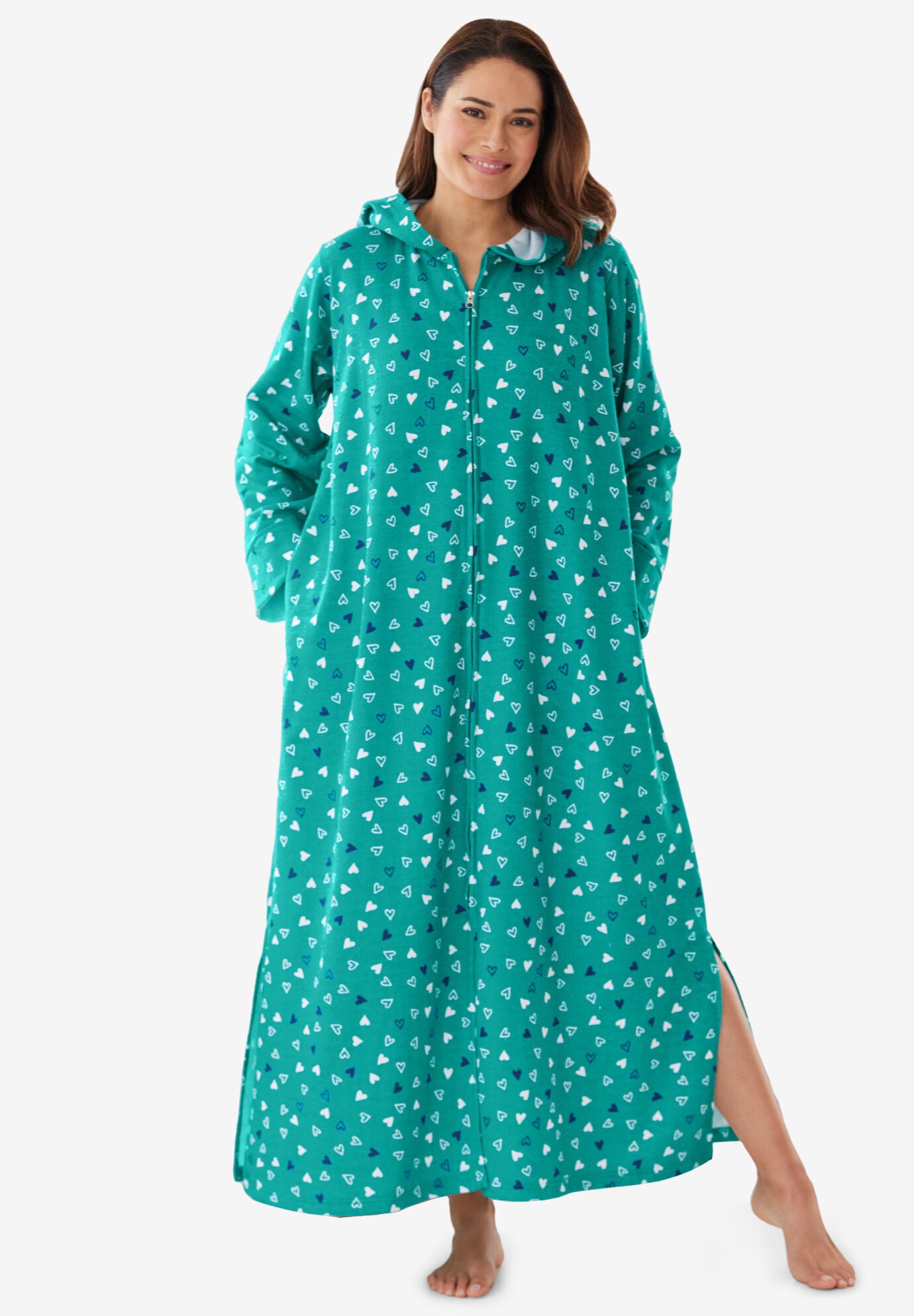 Fashionable Long Hooded Fleece Sweatshirt Robe, Waterfall Hearts | Roaman's