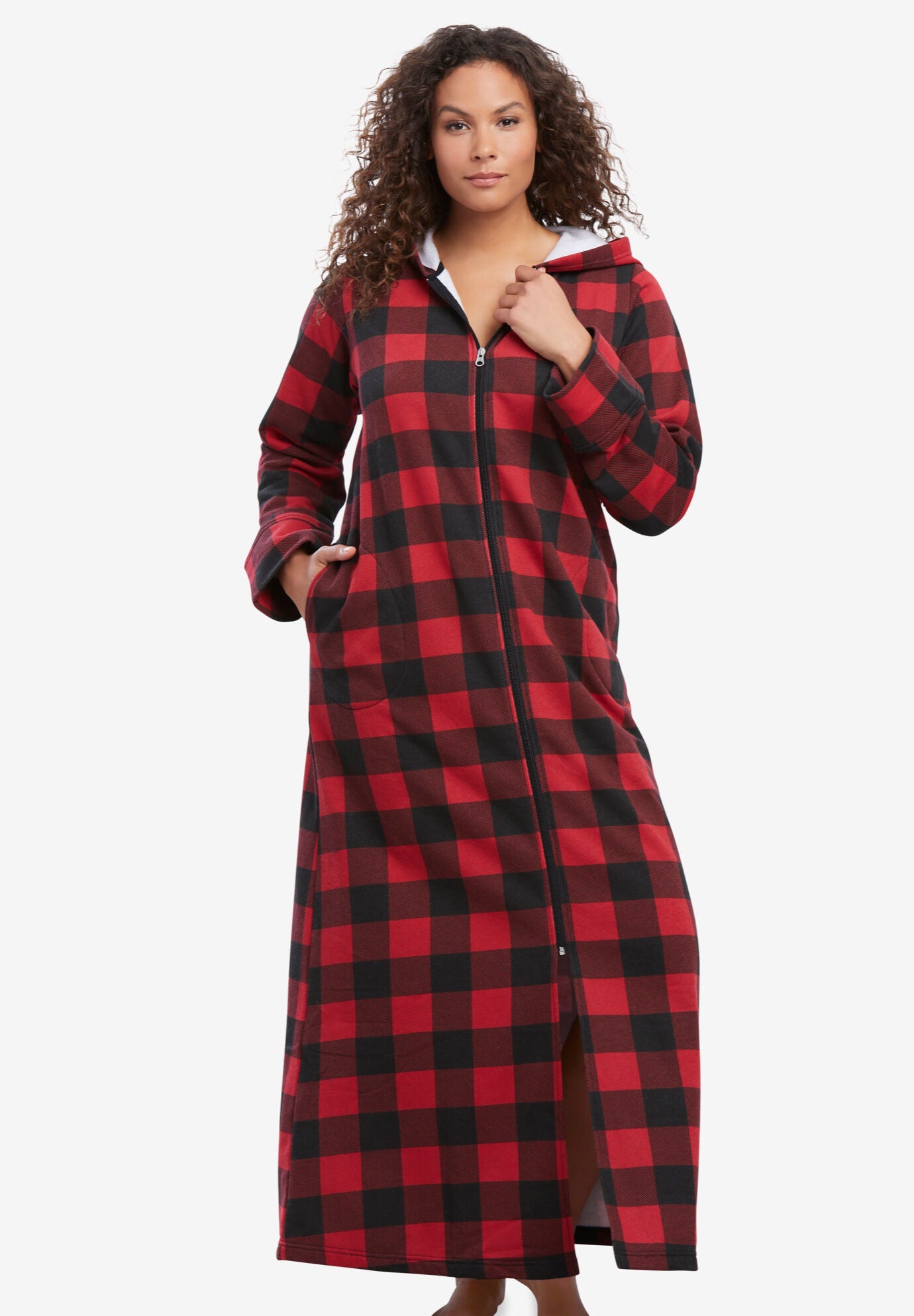 Fashionable Long Hooded Fleece Sweatshirt Robe, Red Buffalo Plaid ...