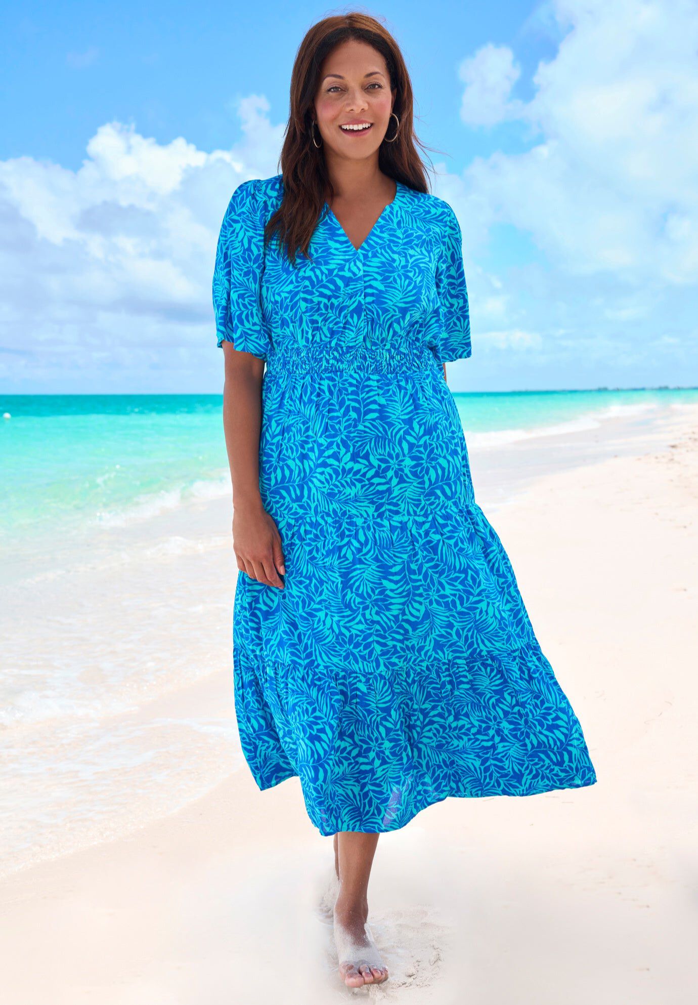 Fashionable Tiered Sundress, Royal Blue Sea Palms | Roaman's