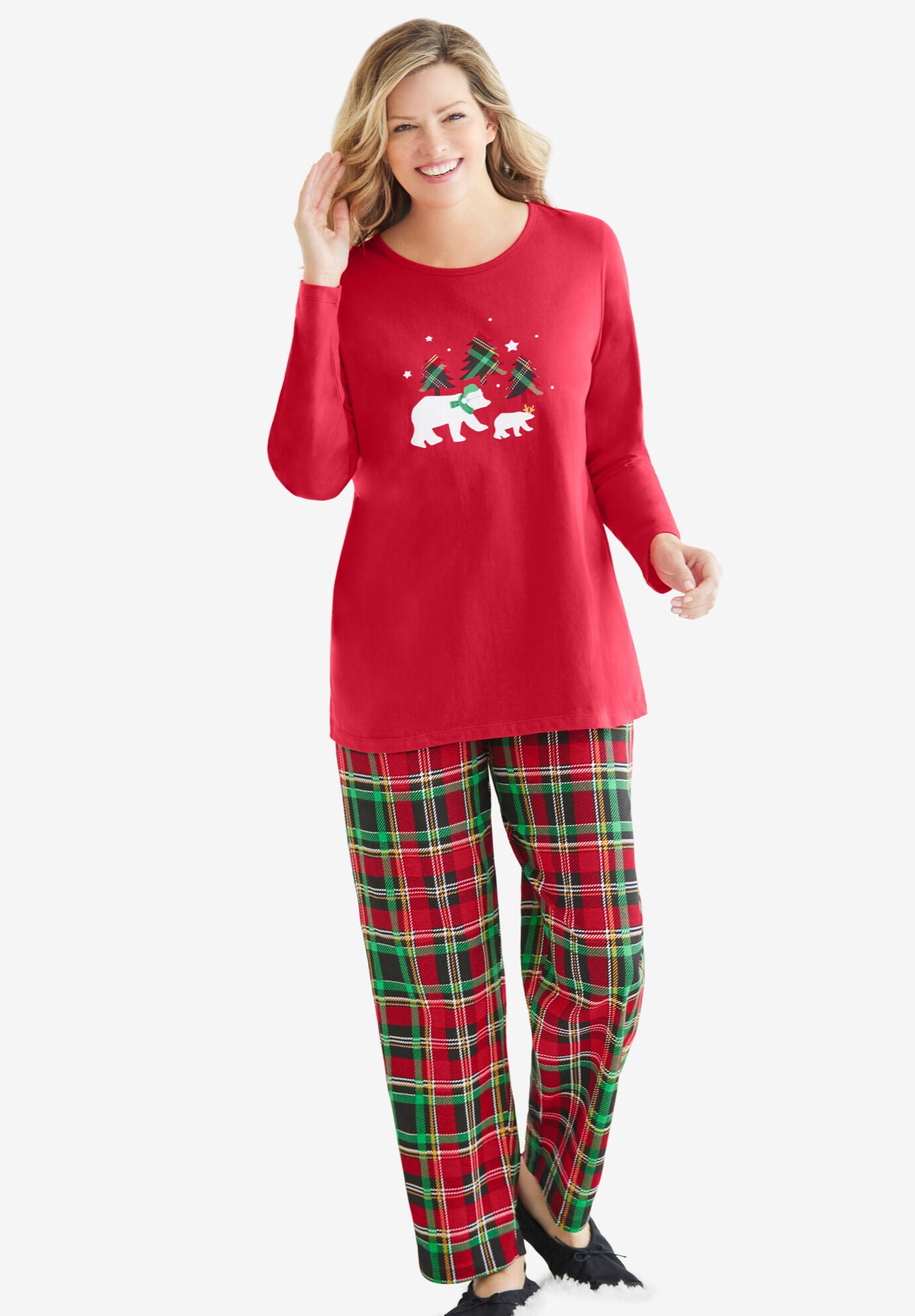 Fashionable Long Sleeve Knit PJ Set, Classic Red Plaid | Roaman's