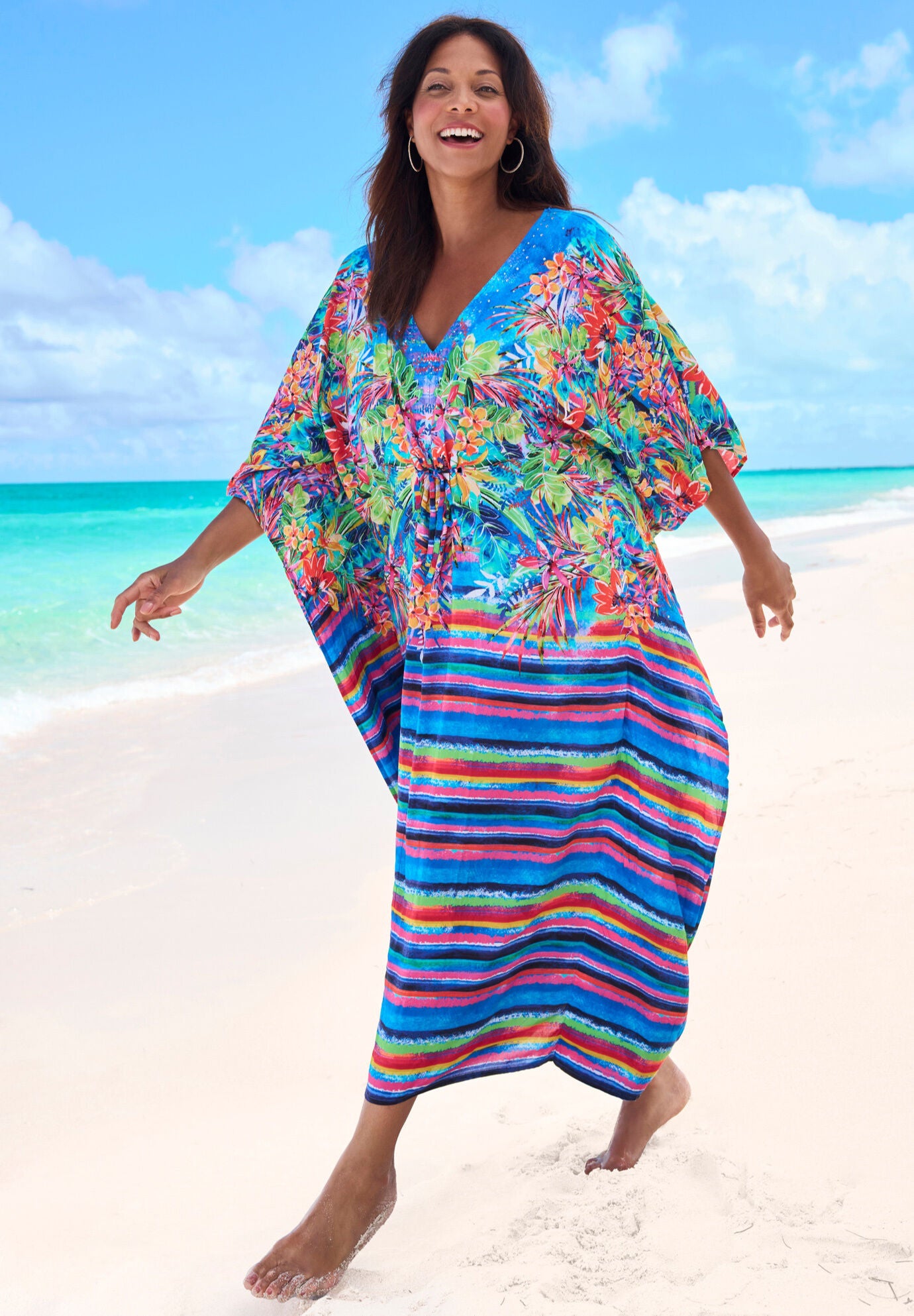 Fashionable Ruched Caftan Cover Up, Rainbow Paradise | Roaman's