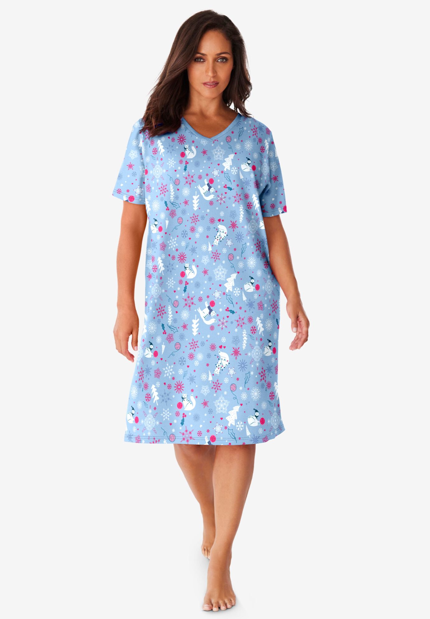 Matching Short Single Sleepshirt & Slipper, Sky Blue Winter Cat | Roaman's