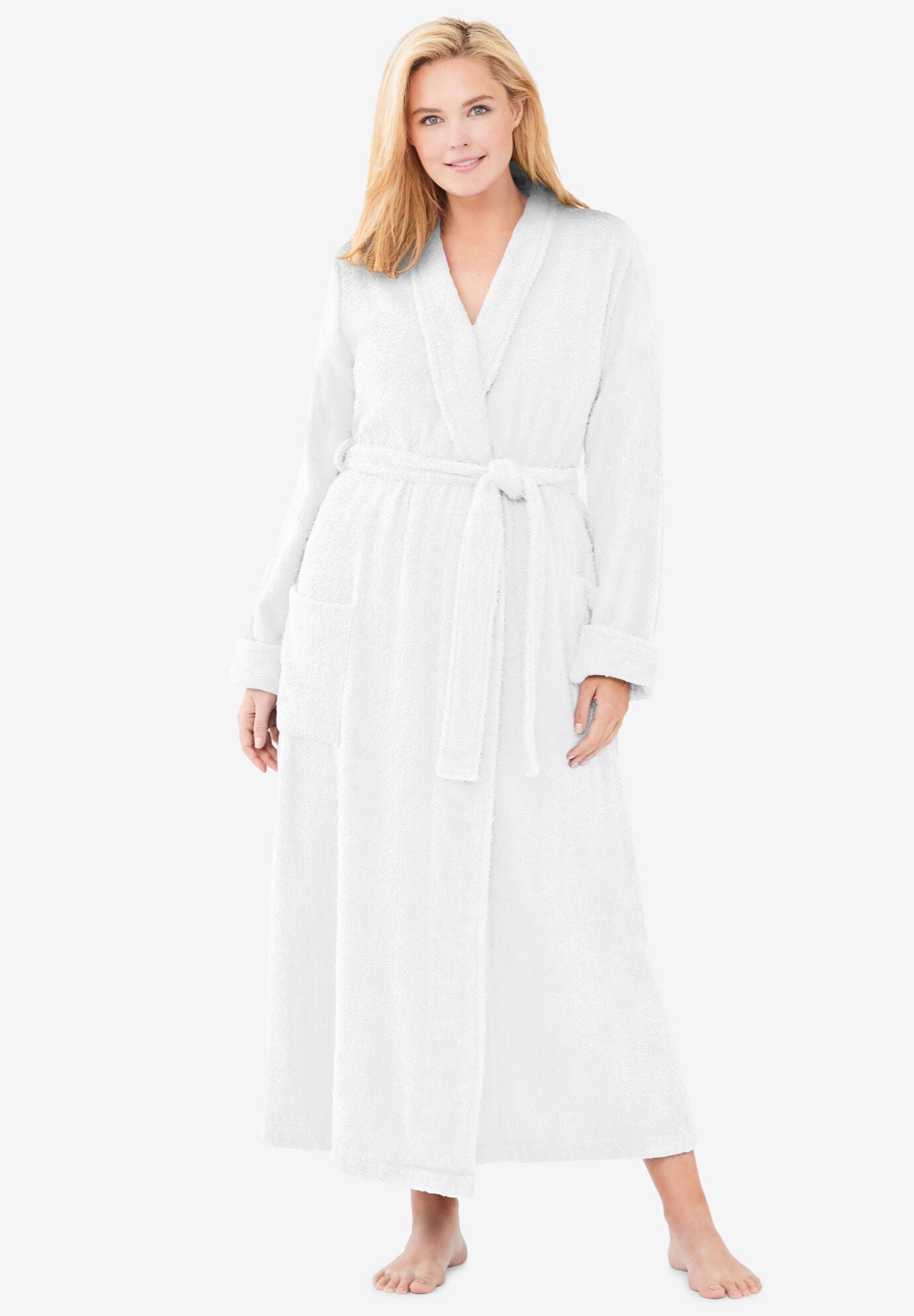 Stylish Long Terry Robe, White | Roaman's