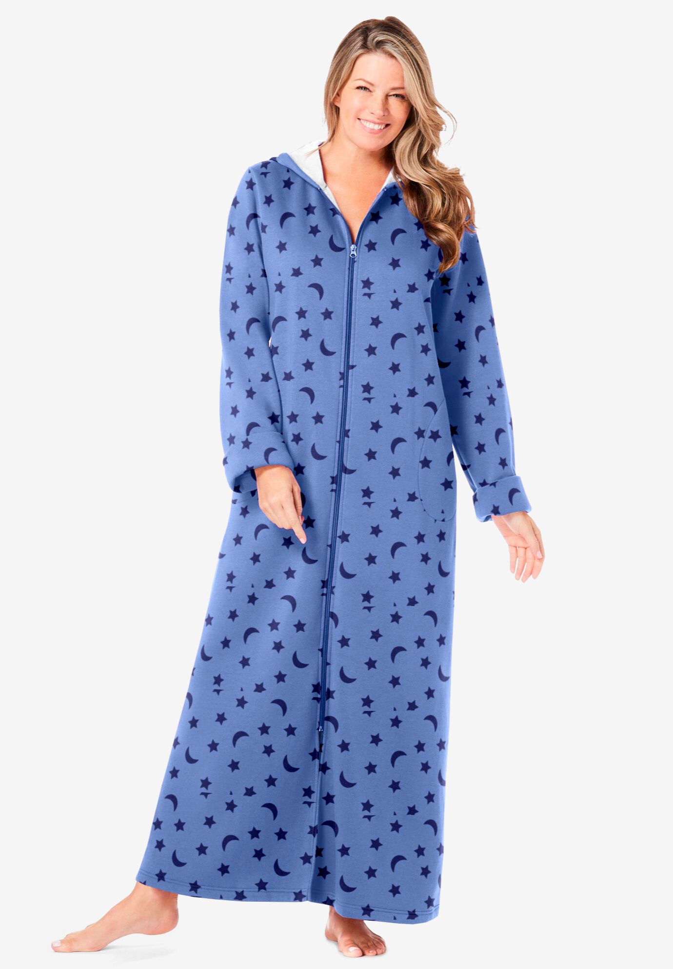 Fashionable Long Hooded Fleece Sweatshirt Robe, French Blue Star Moon ...