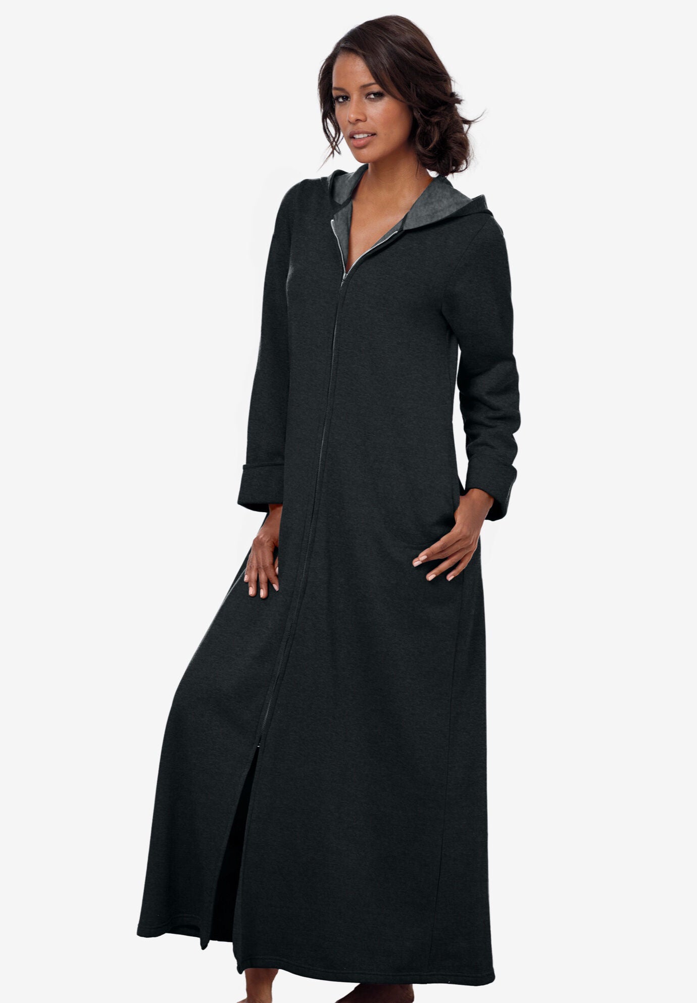 Fashionable Long Hooded Fleece Sweatshirt Robe, Heather Charcoal | Roaman's